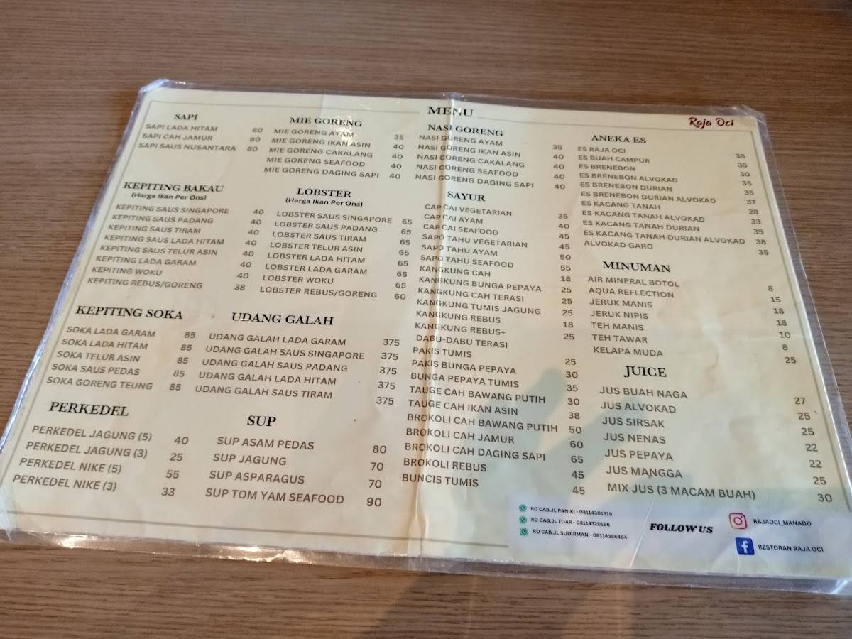 Menu at Raja Oci Paniki restaurant, Manado, Jl. A.A. Maramis No.218