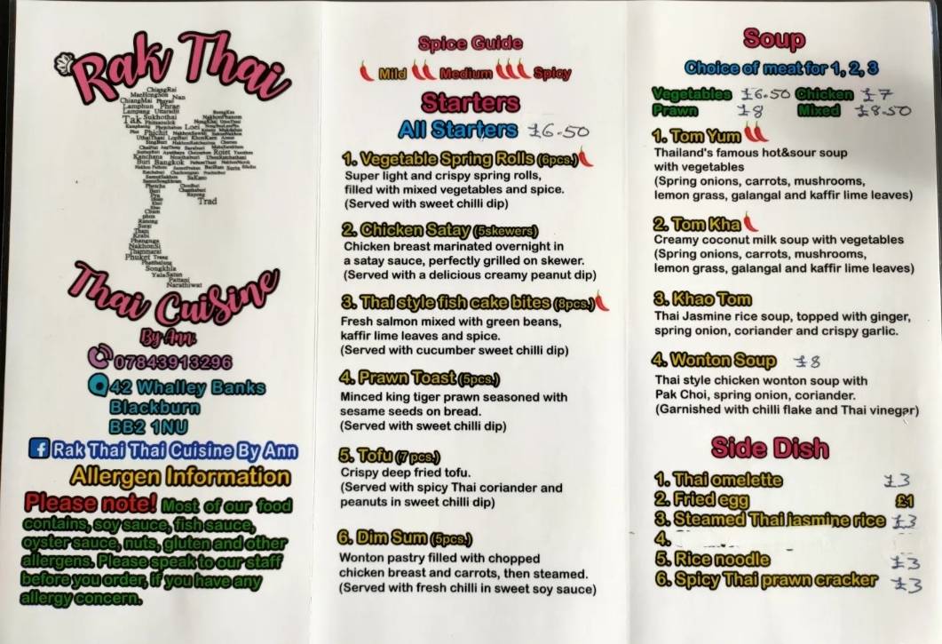 Menu at Rak Thai Thai Cuisine By Ann restaurant, Blackburn