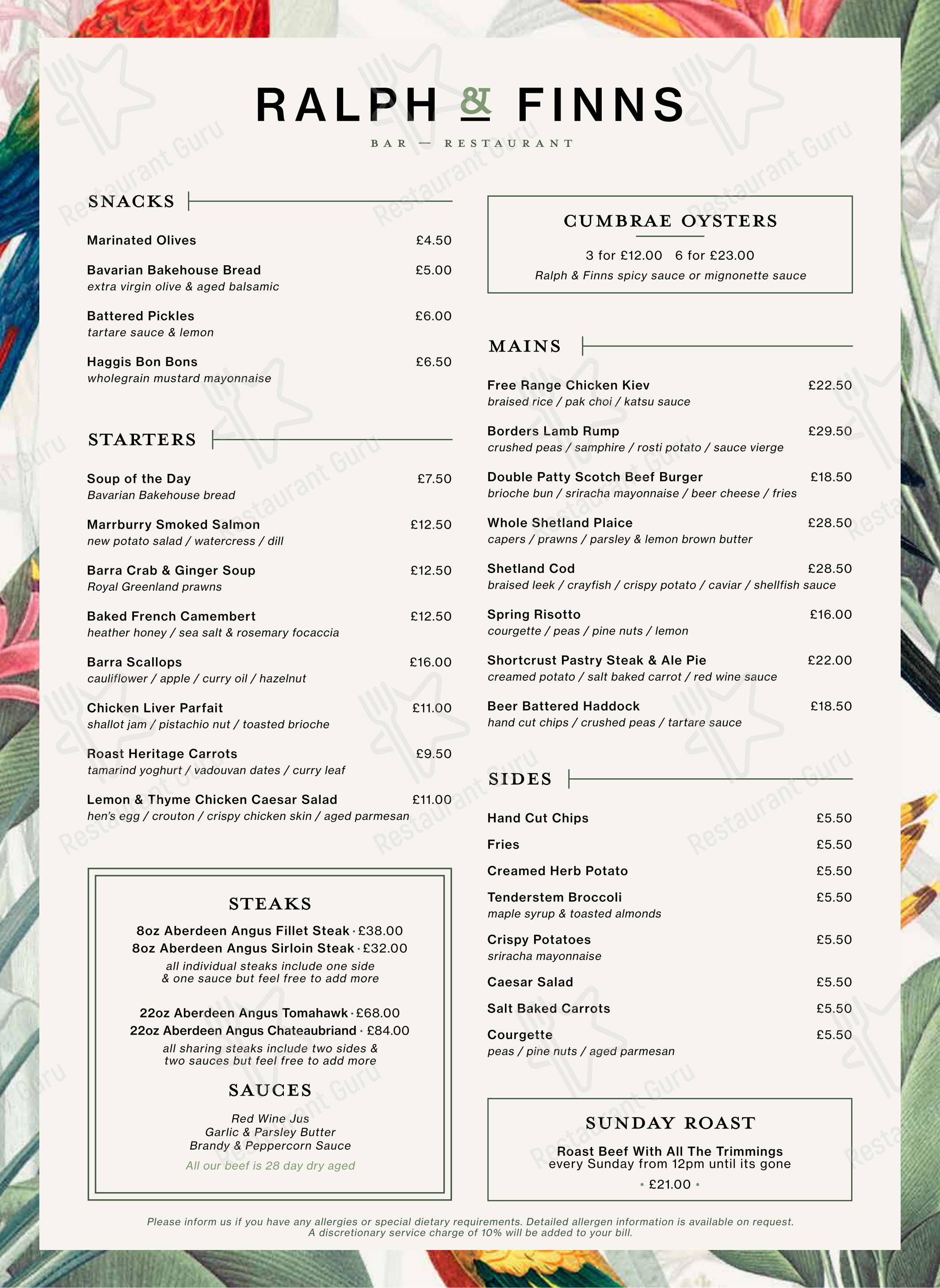 Menu at Ralph & Finns restaurant, Glasgow, 23-25 St Vincent Pl