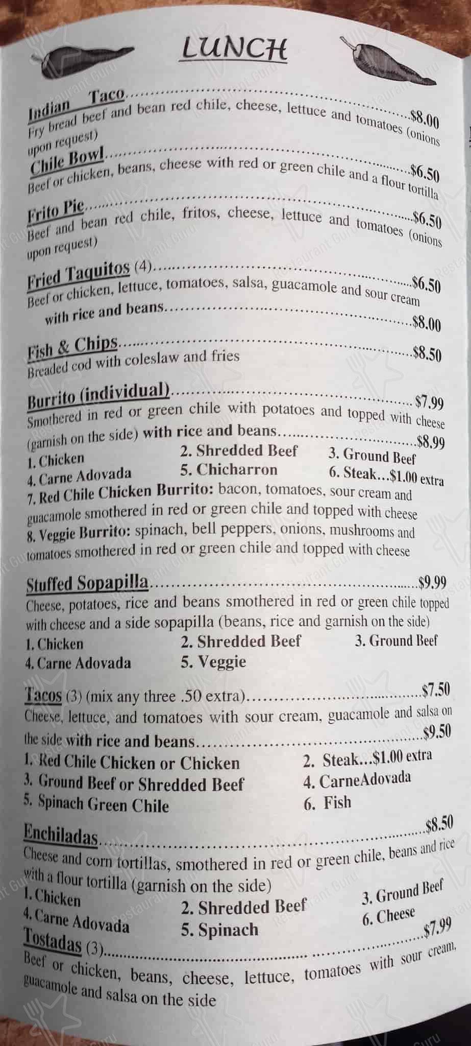 Menu at Ramblin' Cafe, Santa Fe