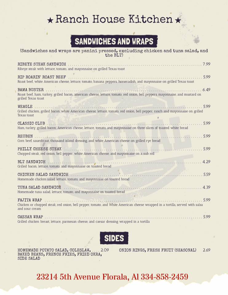 Menu at Ranch House Kitchen BBQ, Florala