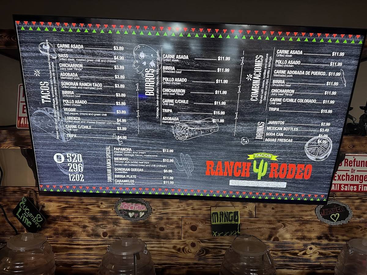 Menu at Ranch Rodeo restaurant, Tucson