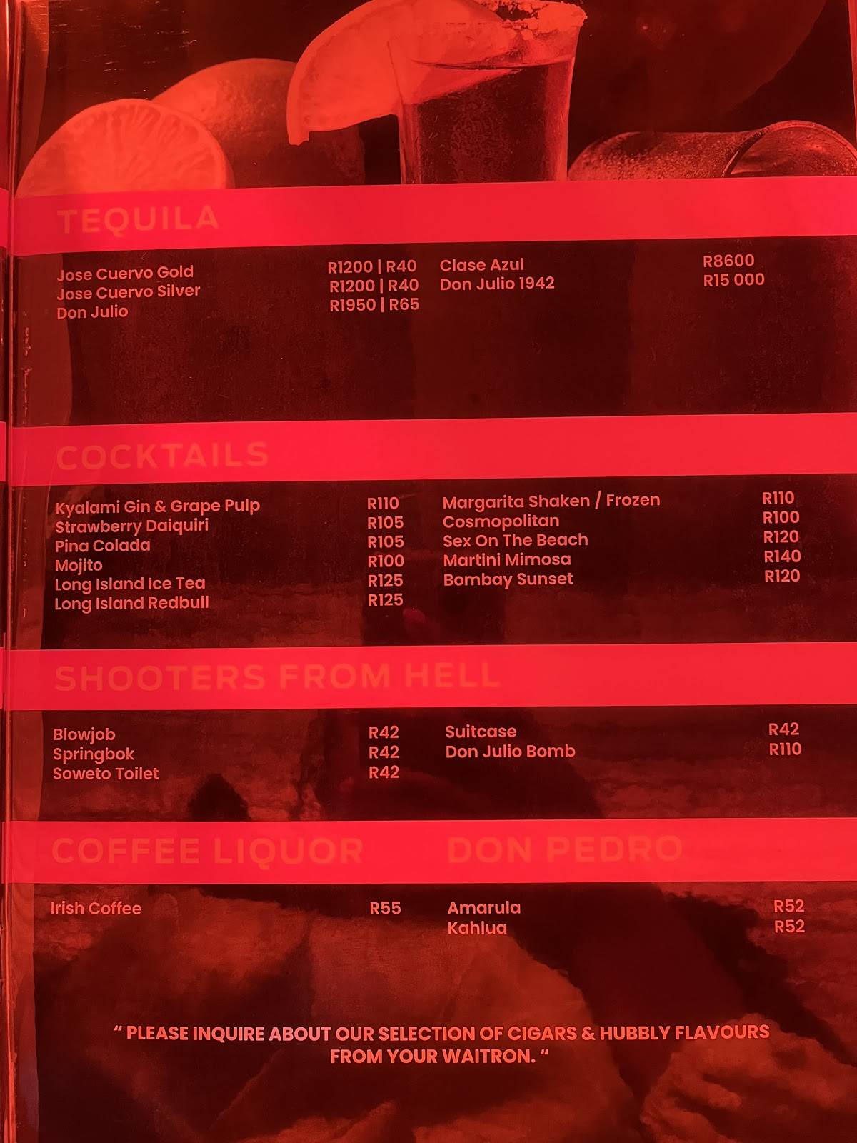 Menu at Kyalami Shisanyama restaurant, Randburg