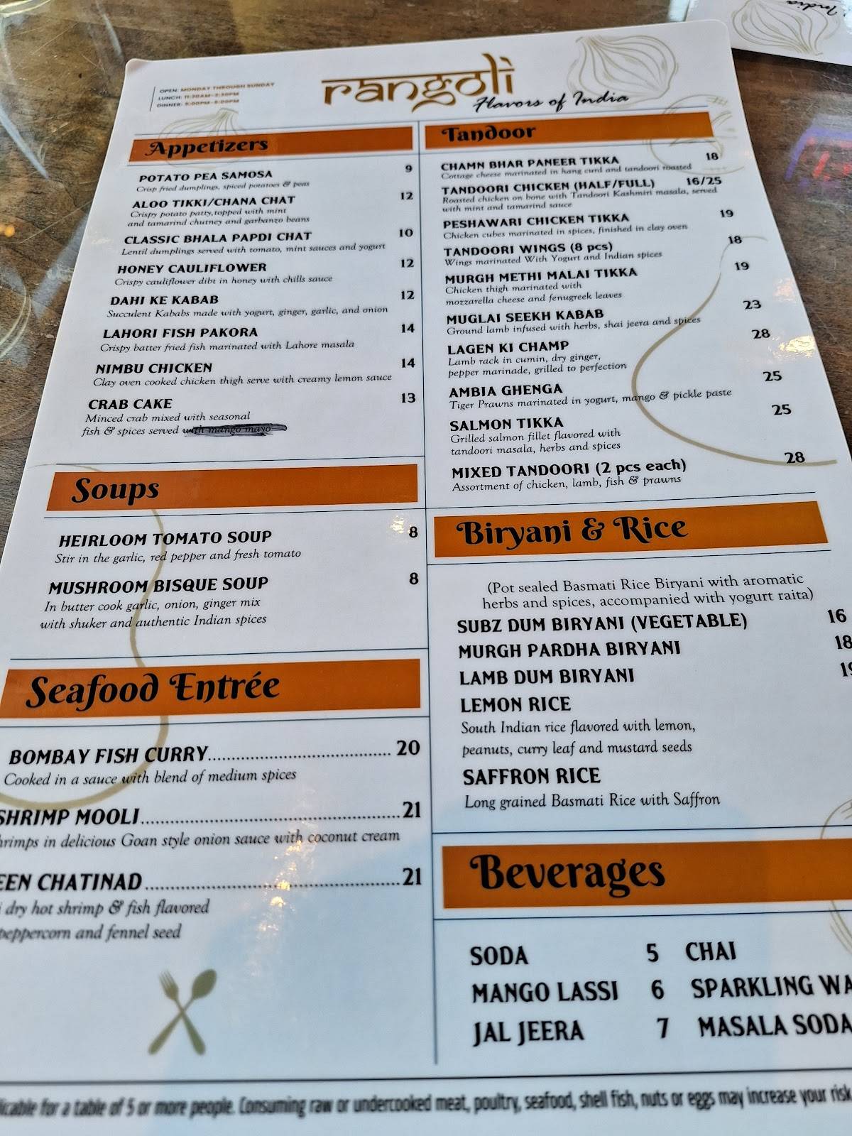 Menu at Rangoli Flavors of India restaurant, Fremont