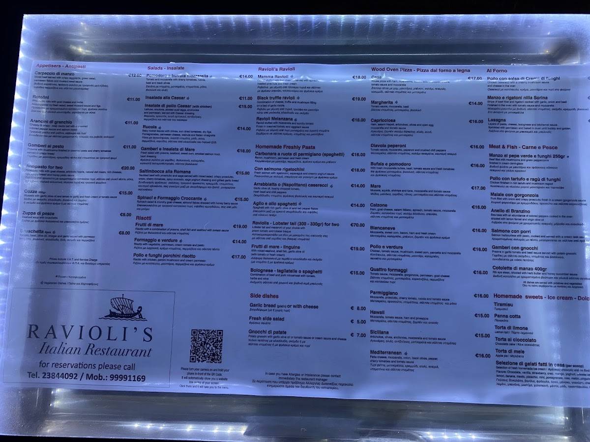 Menu at Ravioli's Italian Restaurant, Protaras, Konnos Street 81
