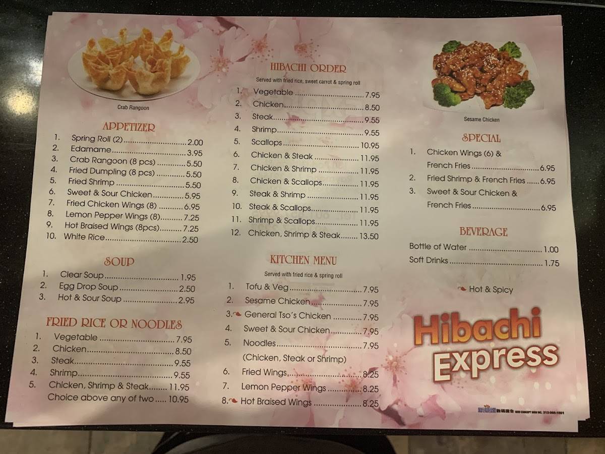Menu at Hibachi Express restaurant, Raymond