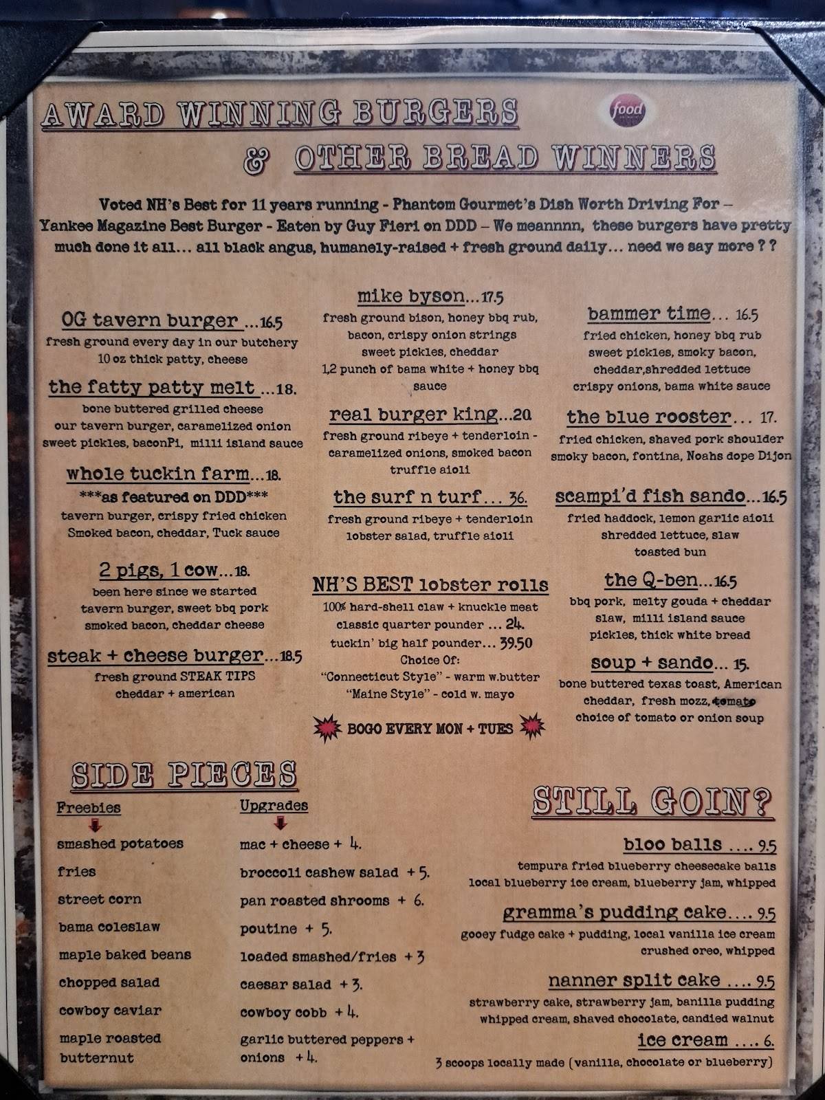 Menu at Tuckaway Tavern and Butchery steakhouse, Raymond