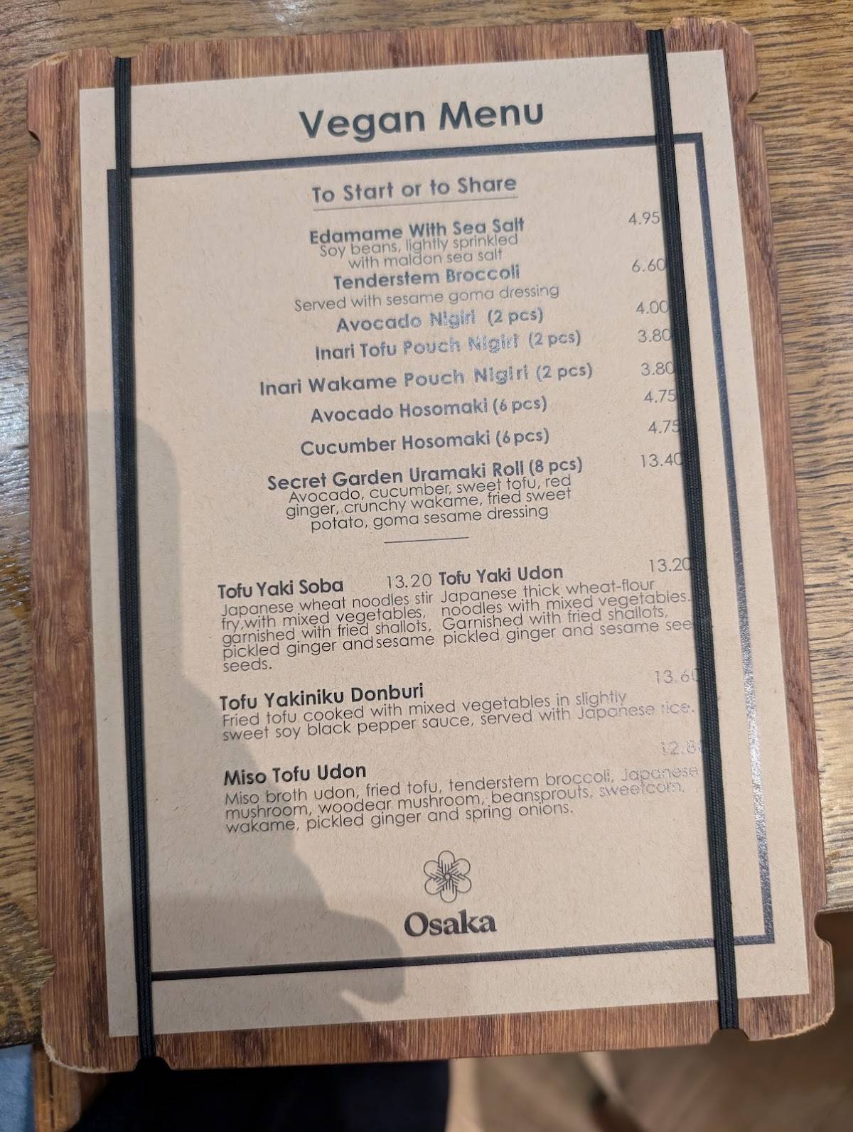 Menu at Osaka Reading restaurant, Reading