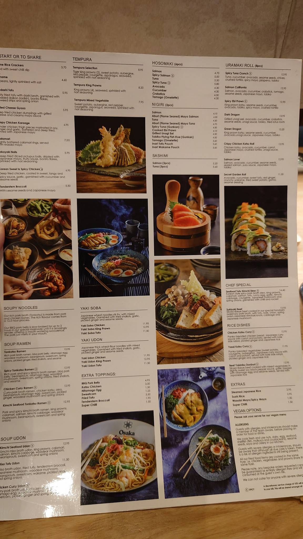 Menu at Osaka Reading restaurant, Reading