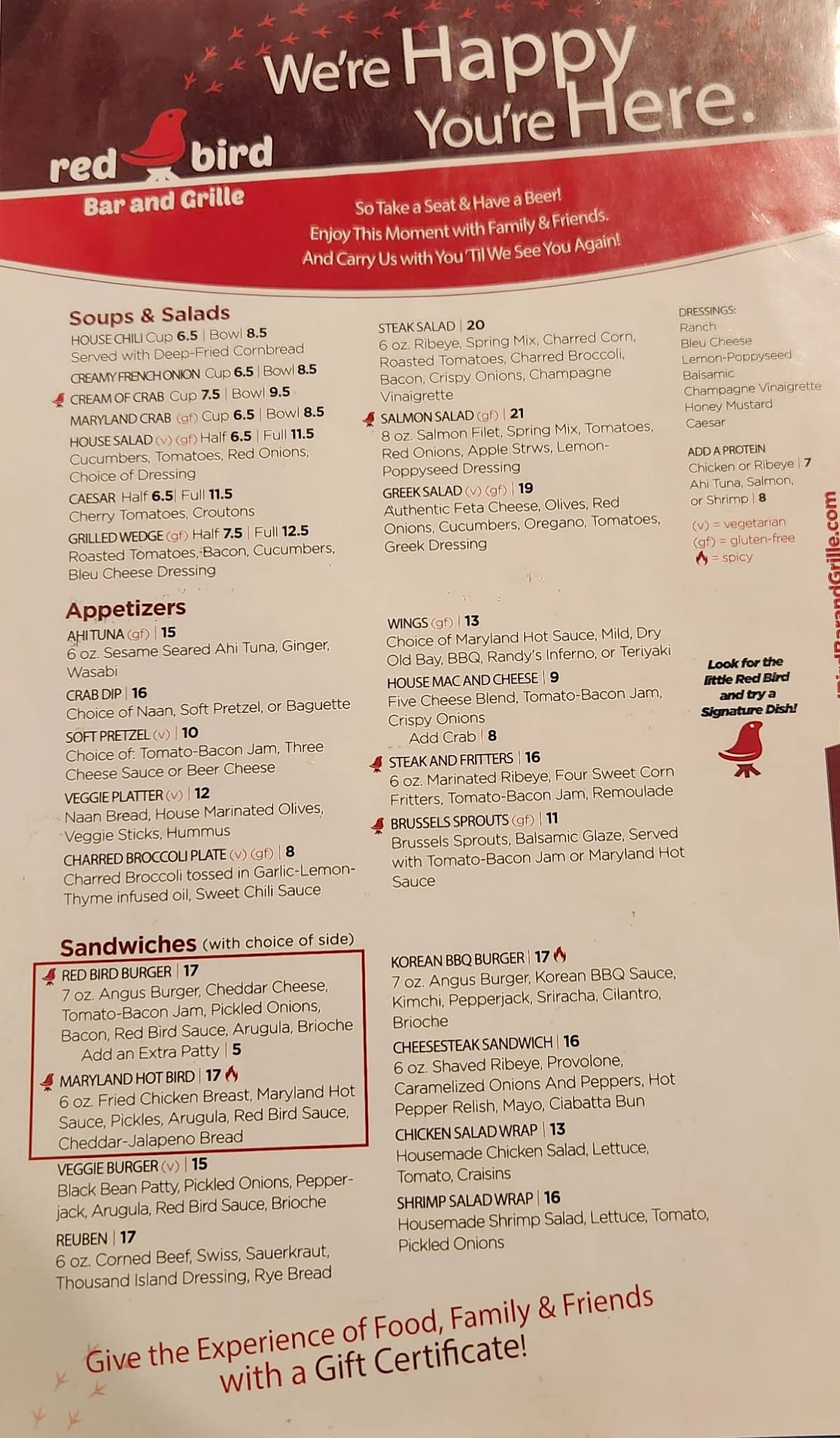 Menu at Red Bird Bar and Grille, Glenelg, Ten Oaks Road