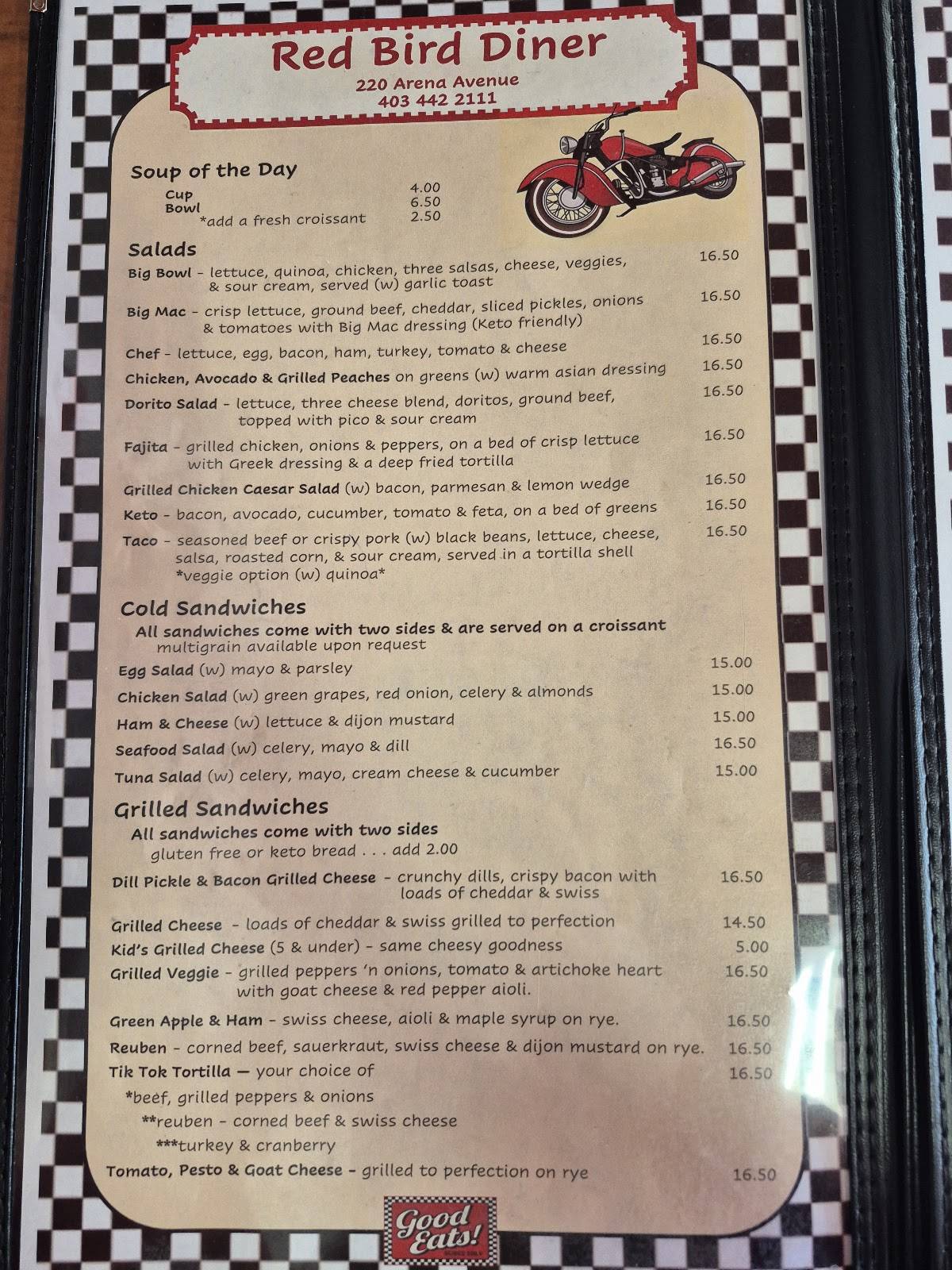 Menu at Red Bird Diner cafe, Trochu