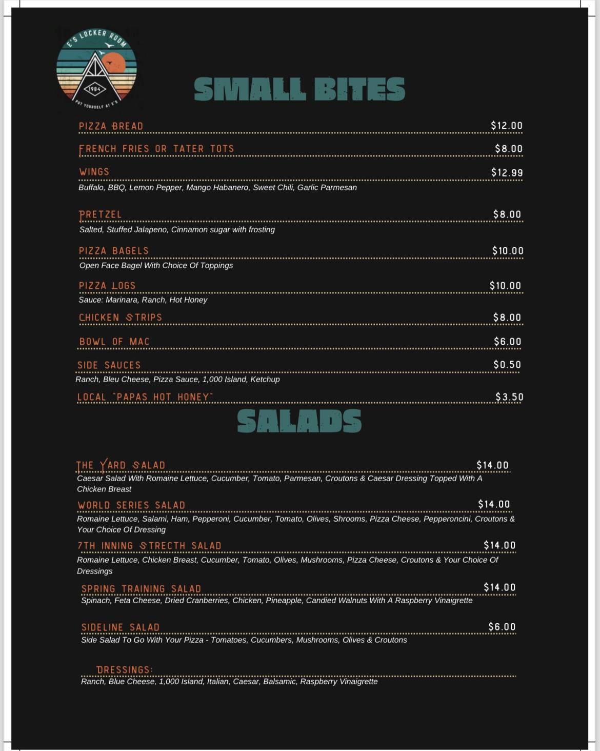 Menu at E's Locker Room pub & bar, Red Bluff
