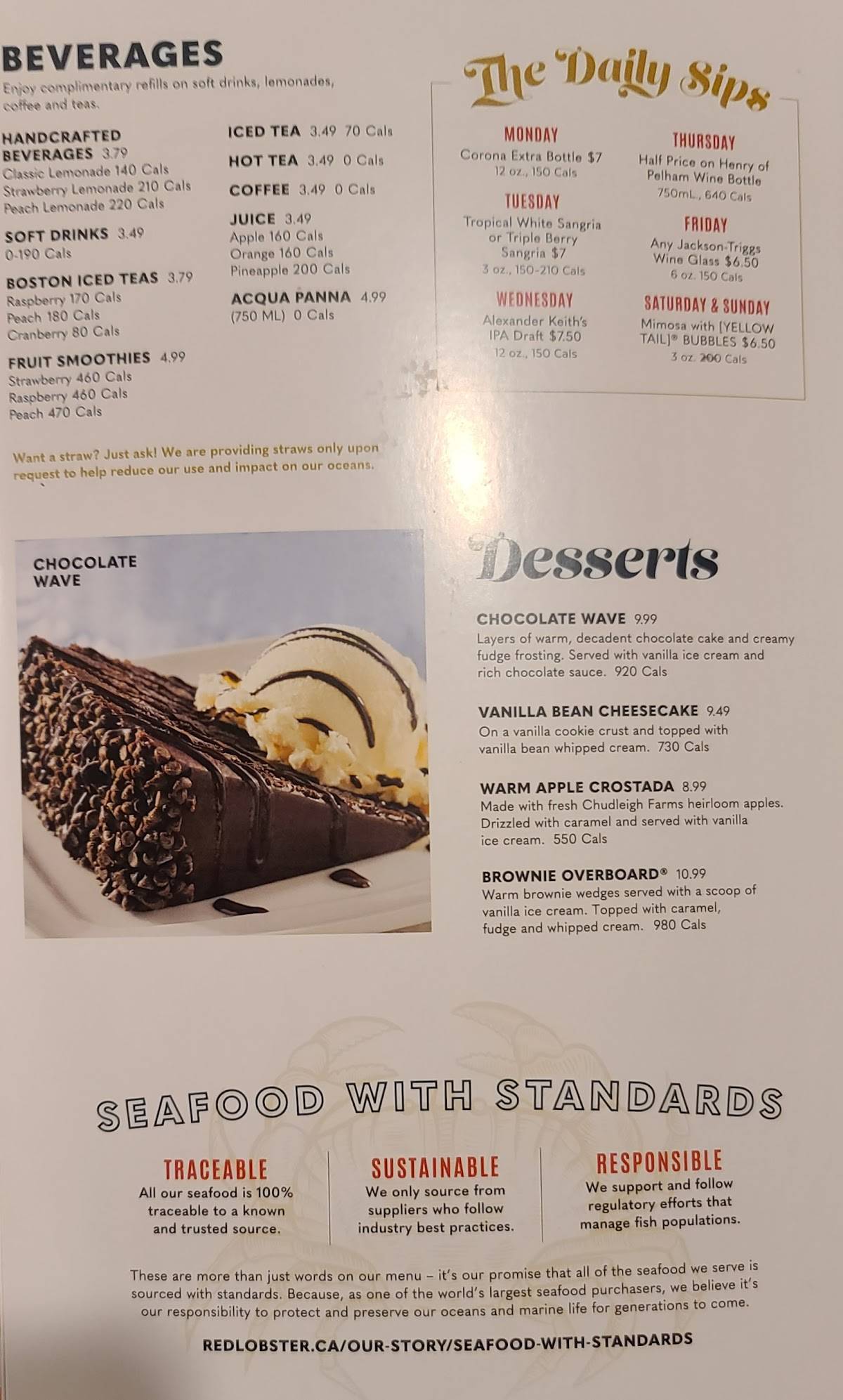 Menu at Red Lobster restaurant, Kitchener