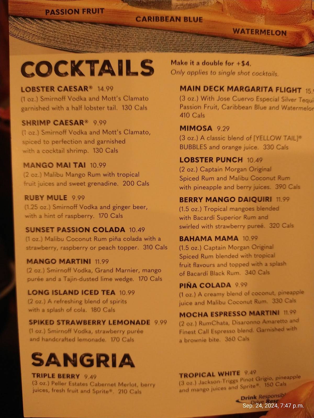Menu at Red Lobster restaurant, Kitchener
