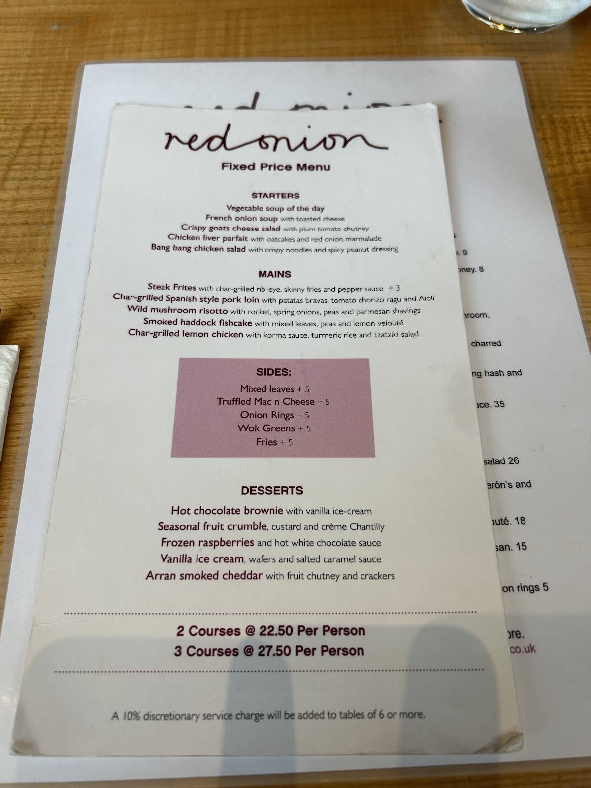 Menu at Red Onion pub & bar, Glasgow