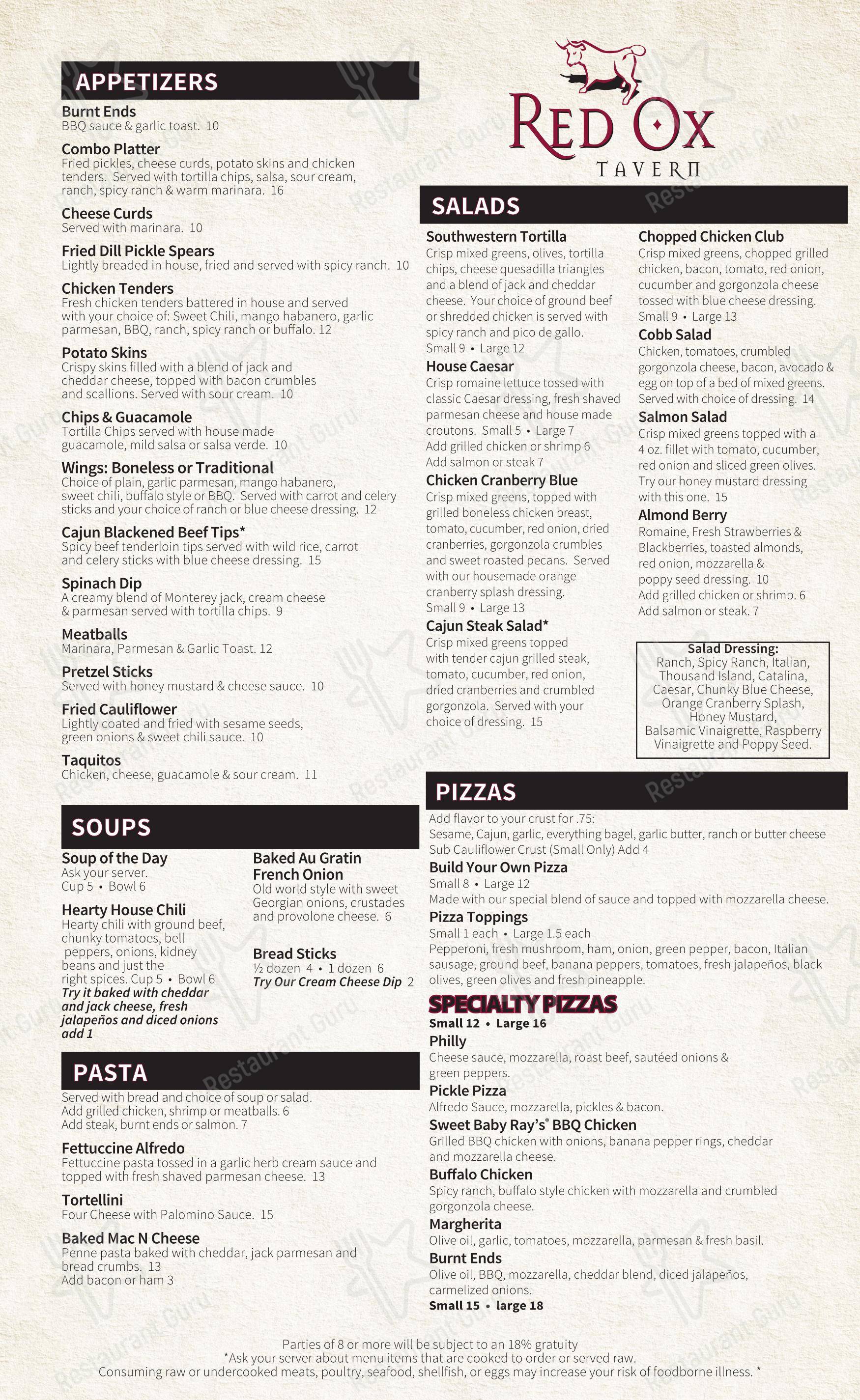 Menu at Red Ox Tavern pub & bar, Auburn Hills