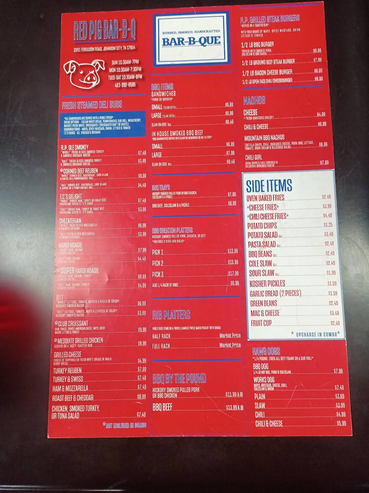Menu at Red Pig Bar-B-Q, Johnson City