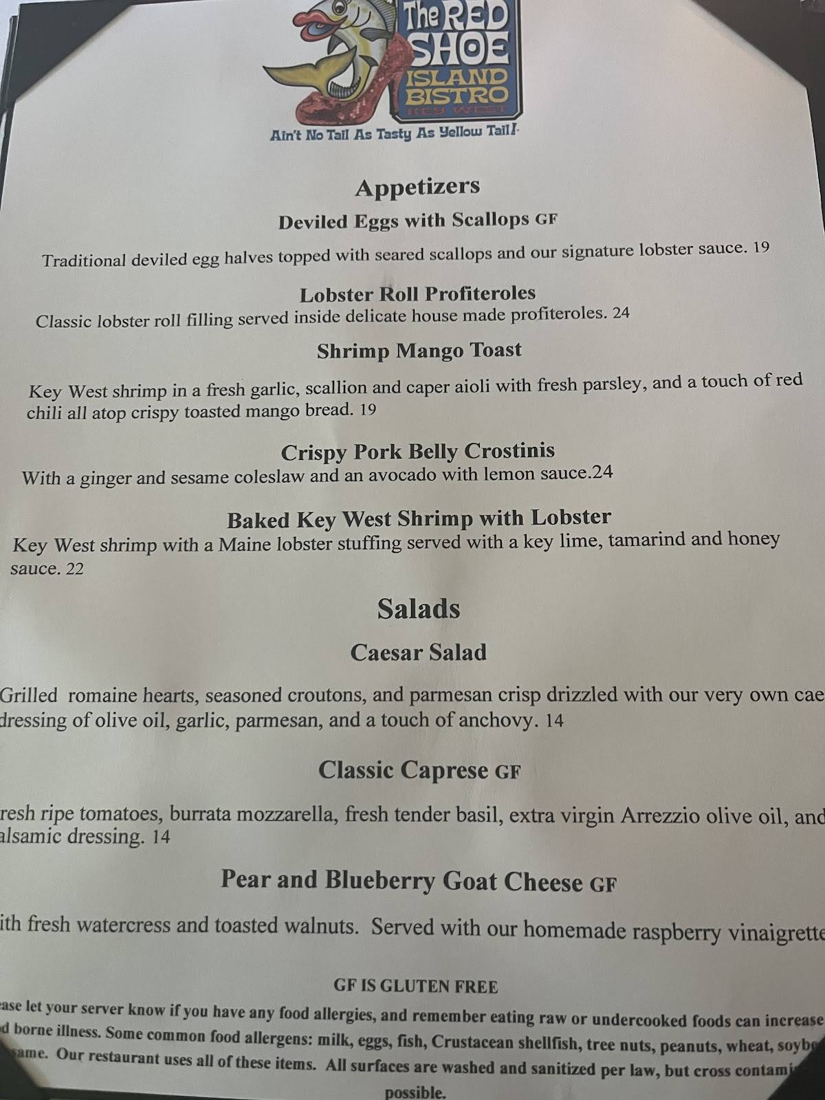 Menu at Red Shoe Island Bistro restaurant, Key West