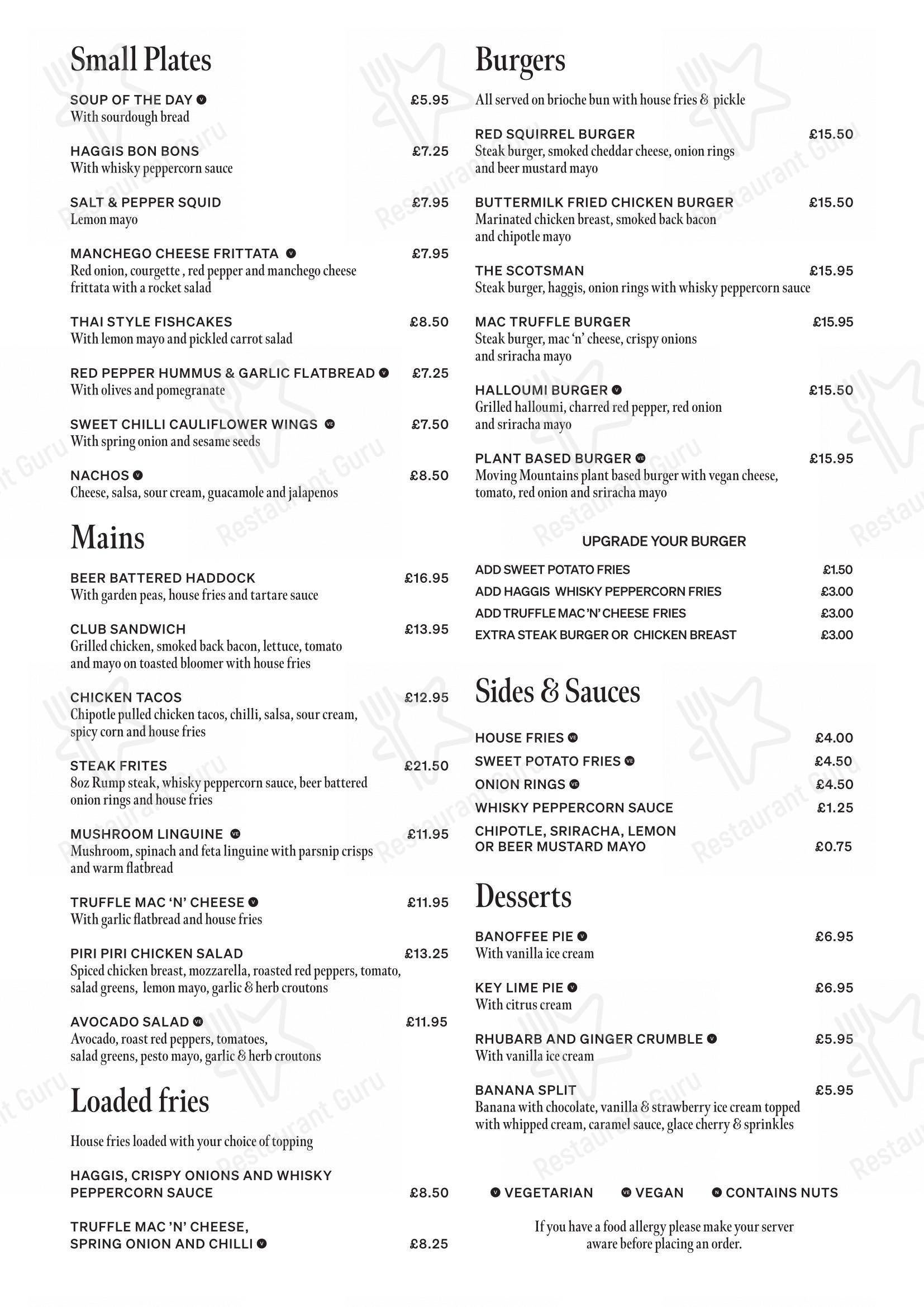 Menu at Red Squirrel pub & bar, Edinburgh