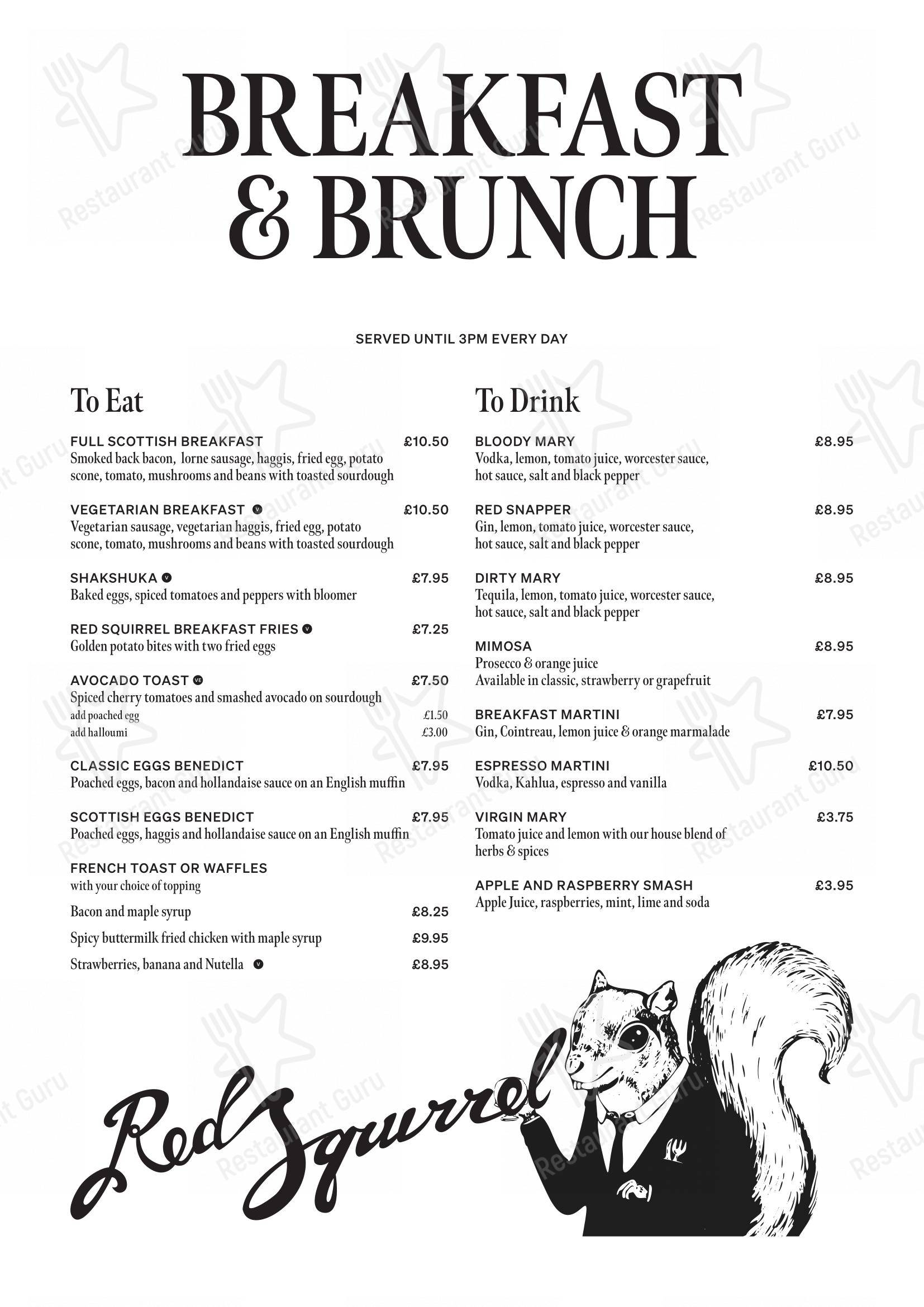 Menu at Red Squirrel pub & bar, Edinburgh