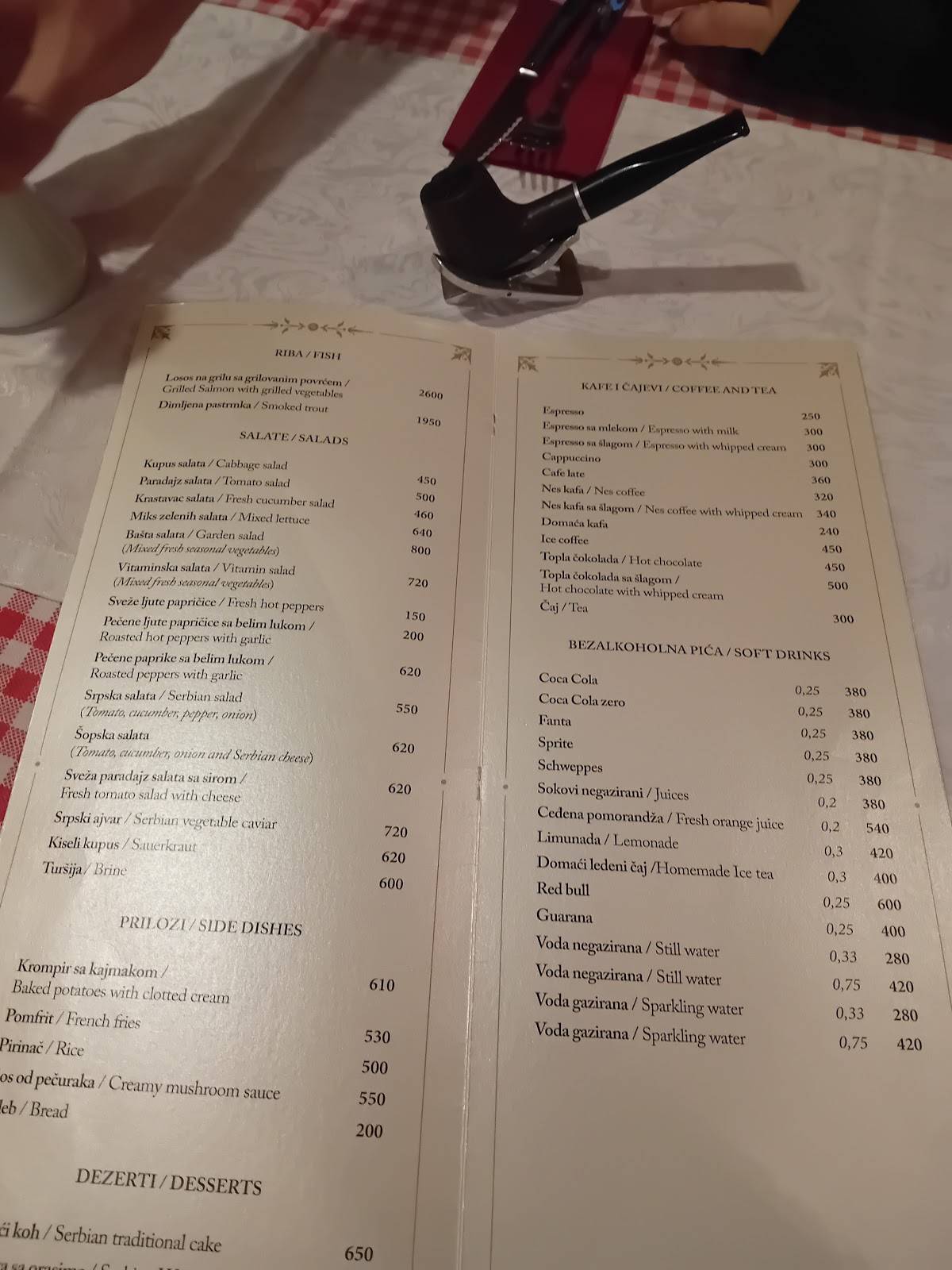 Menu at Red bar, Belgrade