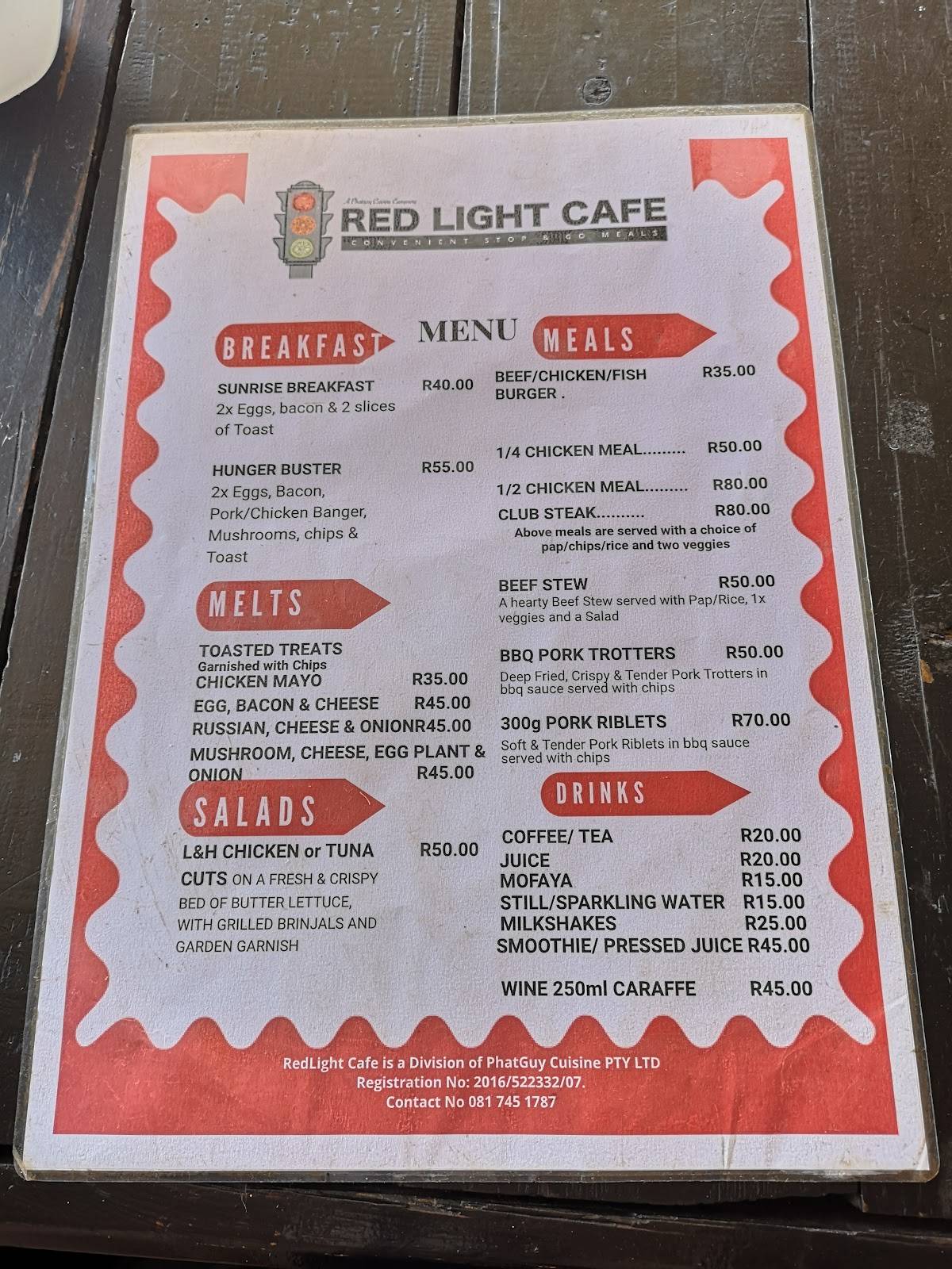 Menu au Red light cafe, Roodepoort