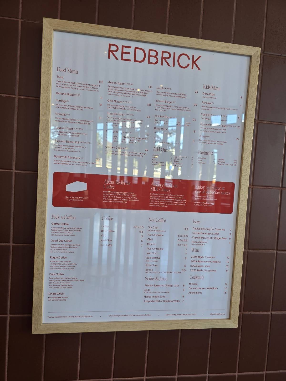 Menu at Redbrick Coffee City cafe, Canberra