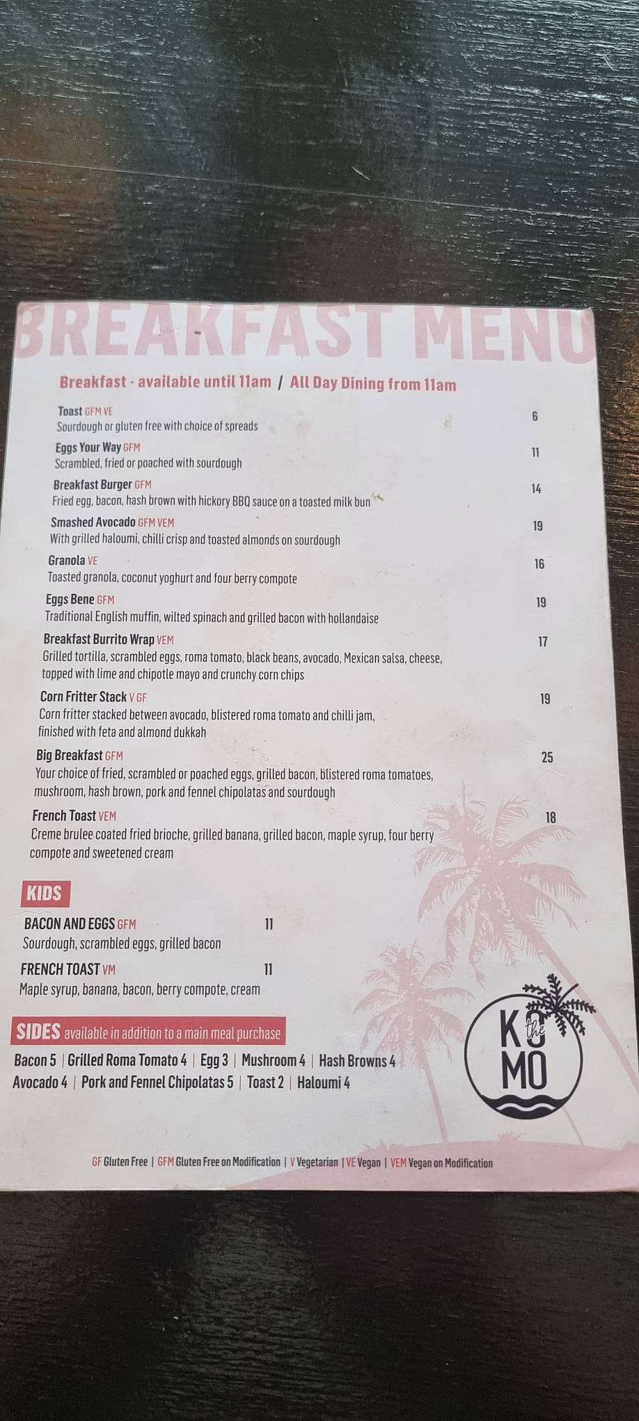 Menu at The Komo restaurant, Redcliffe, 99 Marine Parade