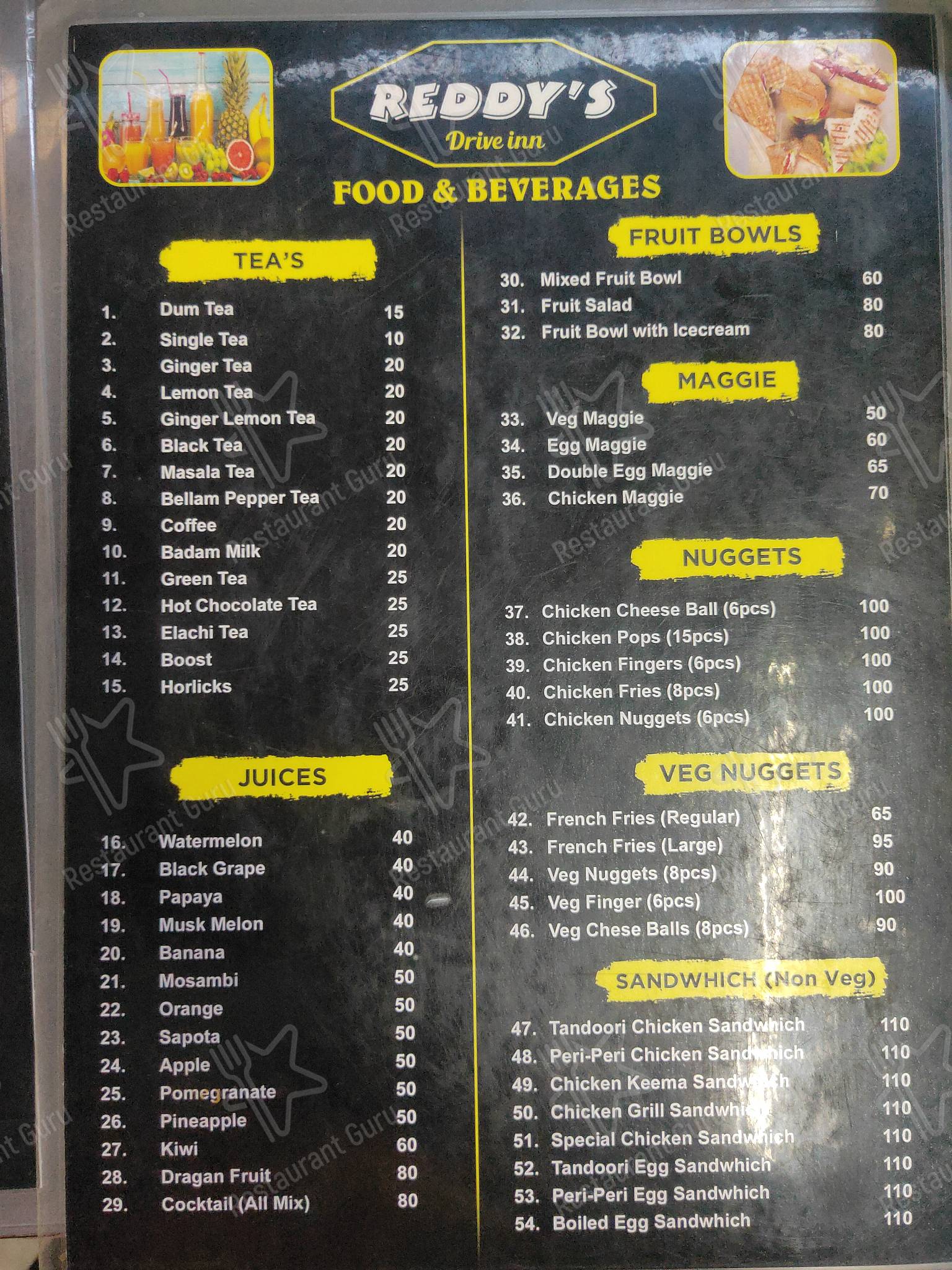 Menu at Reddy Drive-In Food Court, Hyderabad