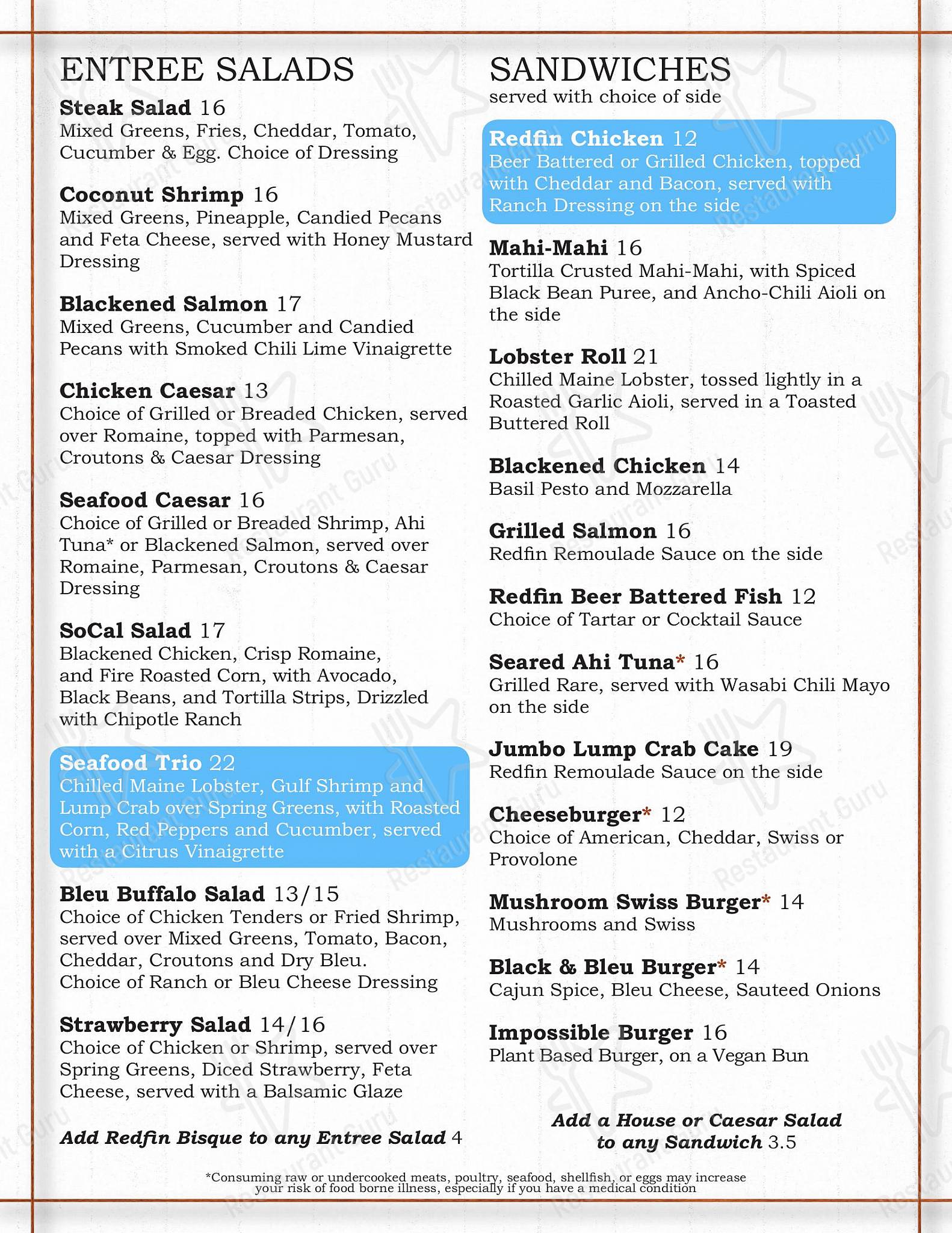 Menu at Redfin Blues pub & bar, Pittsburgh