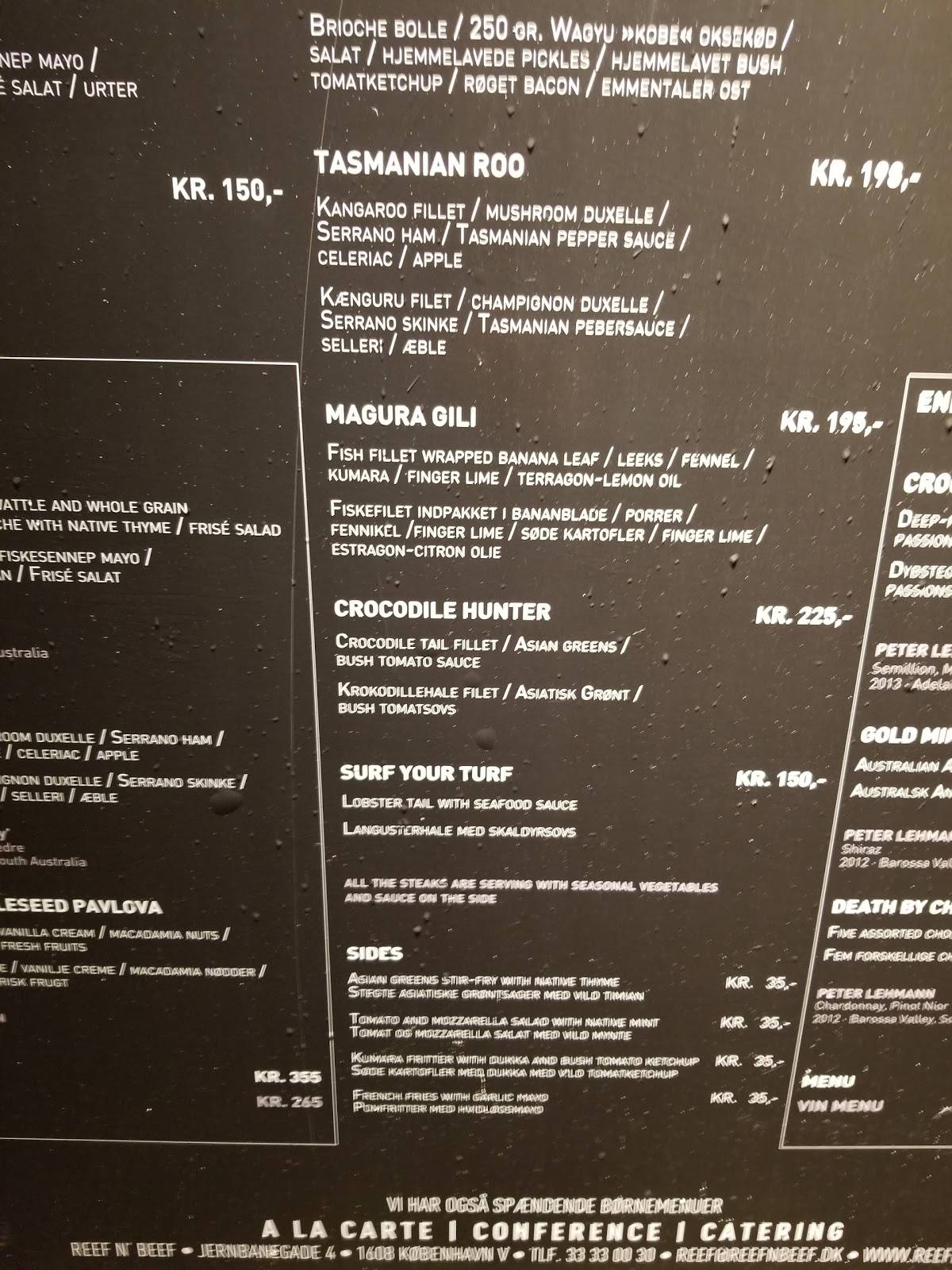 Menu at Reef N' Beef restaurant, Copenhagen