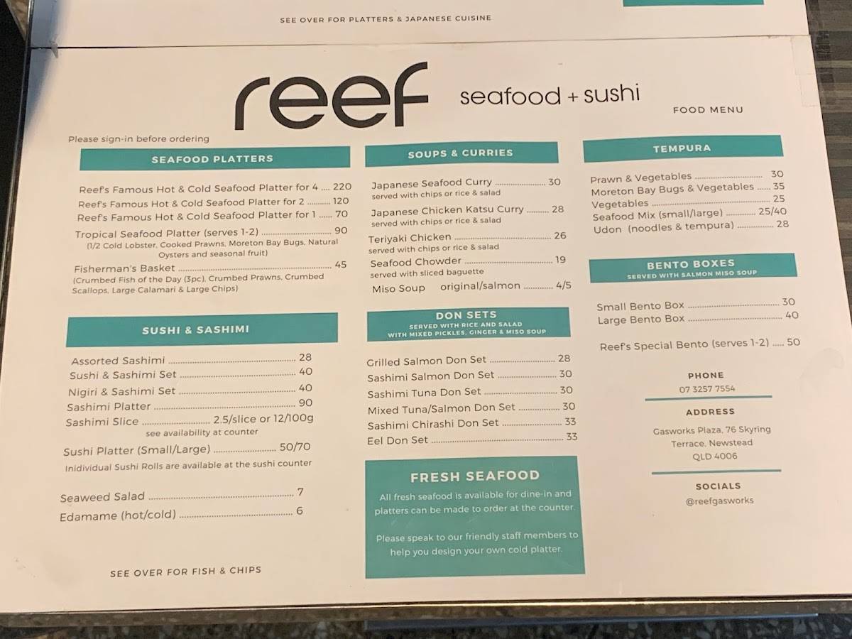 Menu at Reef Seafood & Sushi Brisbane restaurant, Newstead