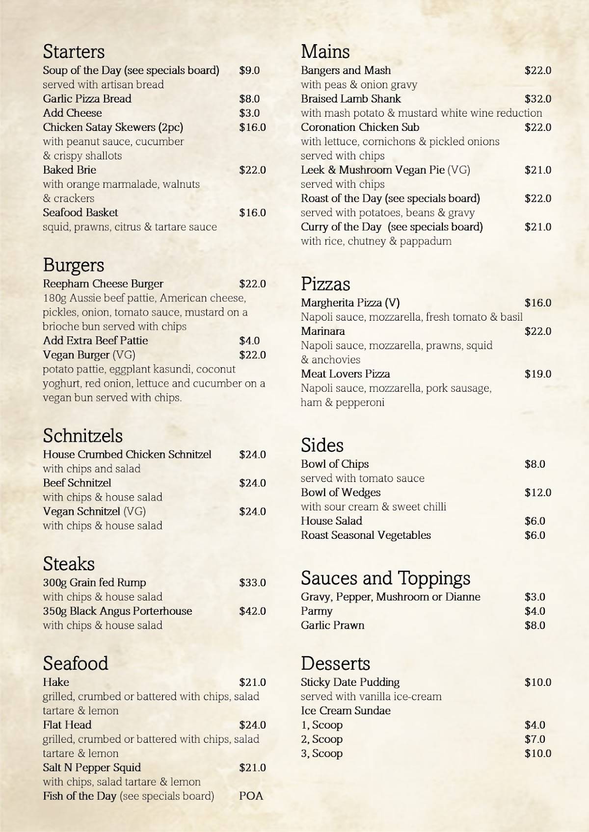 Menu at Reepham Hotel pub & bar, Prospect