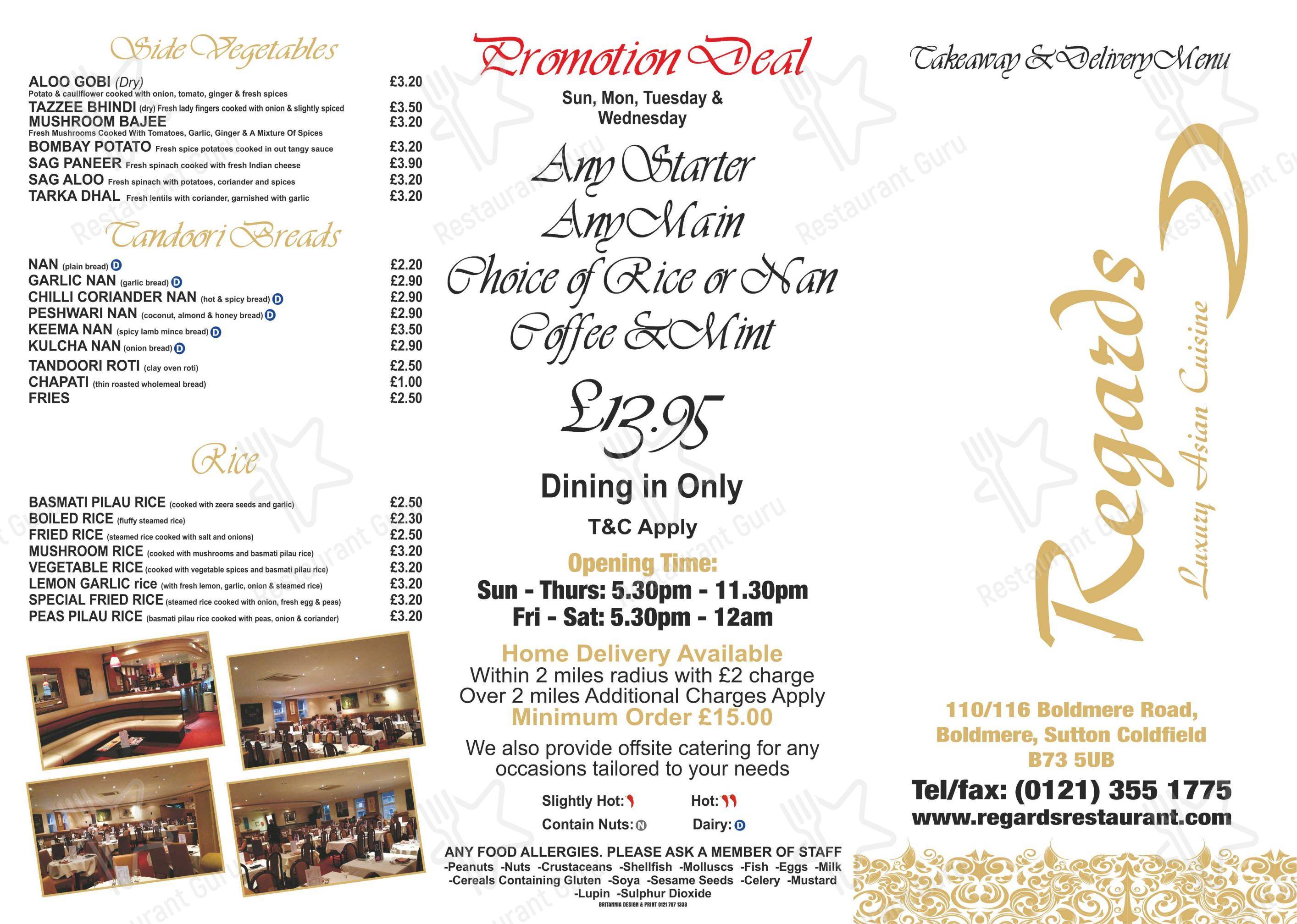 Menu at Regards restaurant, Sutton Coldfield, 110-116 Boldmere Rd