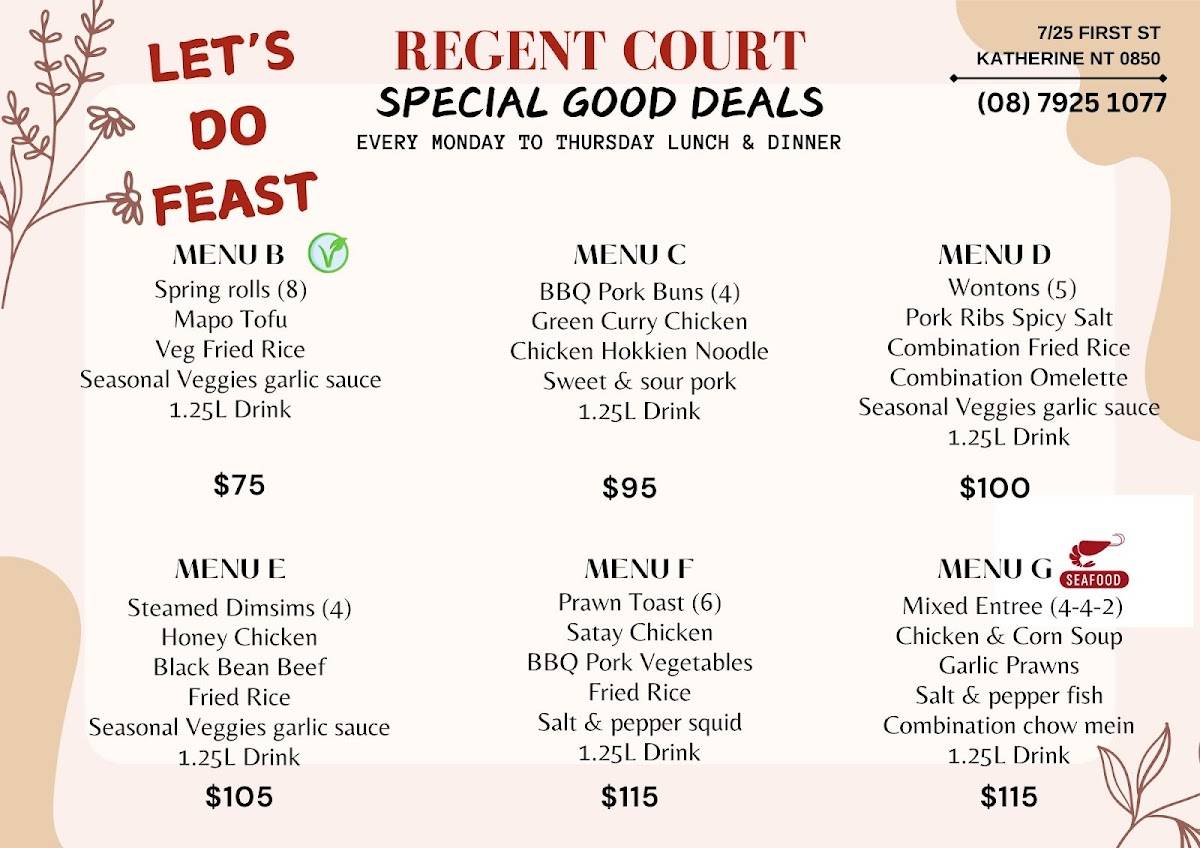 Menu at Regent Court Chinese Restaurant, Katherine