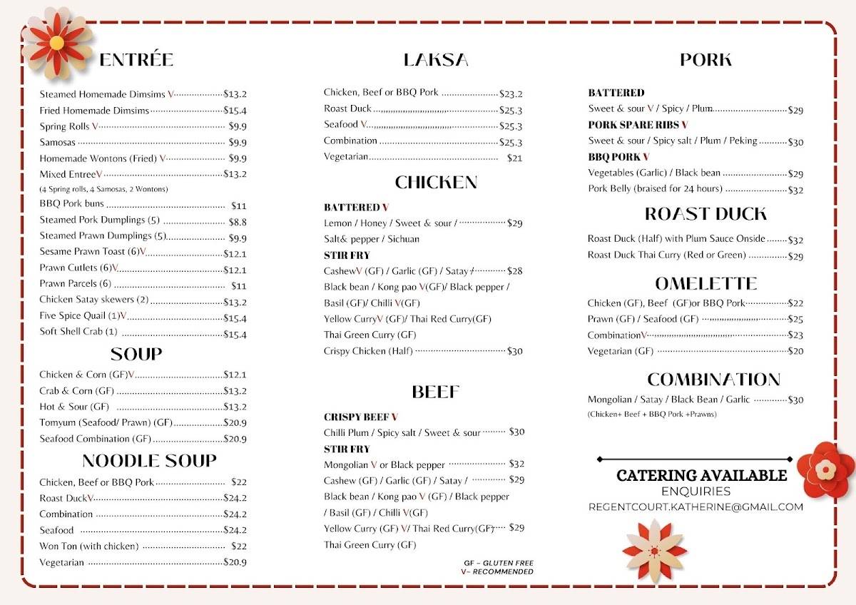 Menu at Regent Court Chinese Restaurant, Katherine