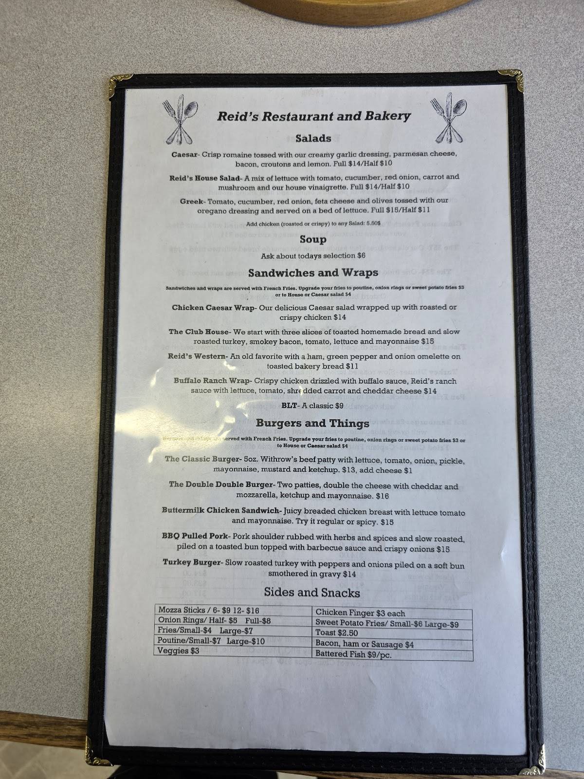 Menu at Reid's Restaurant & Bakery, Middle Musquodoboit