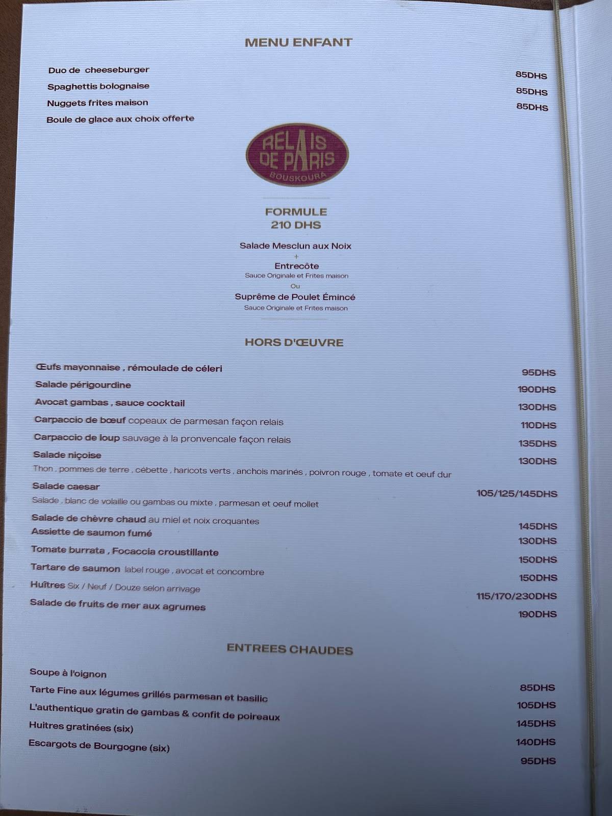 Menu au Relais de Paris restaurant, Bouskoura