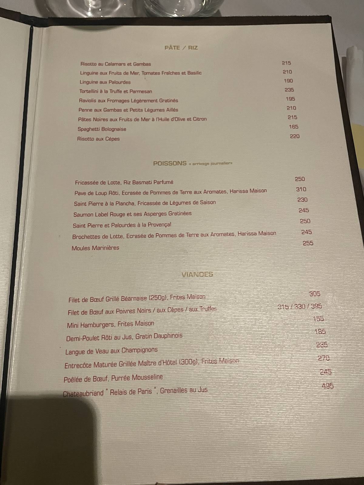 Menu at Relais de Paris restaurant, Casablanca, Av. Habib Sinaceur