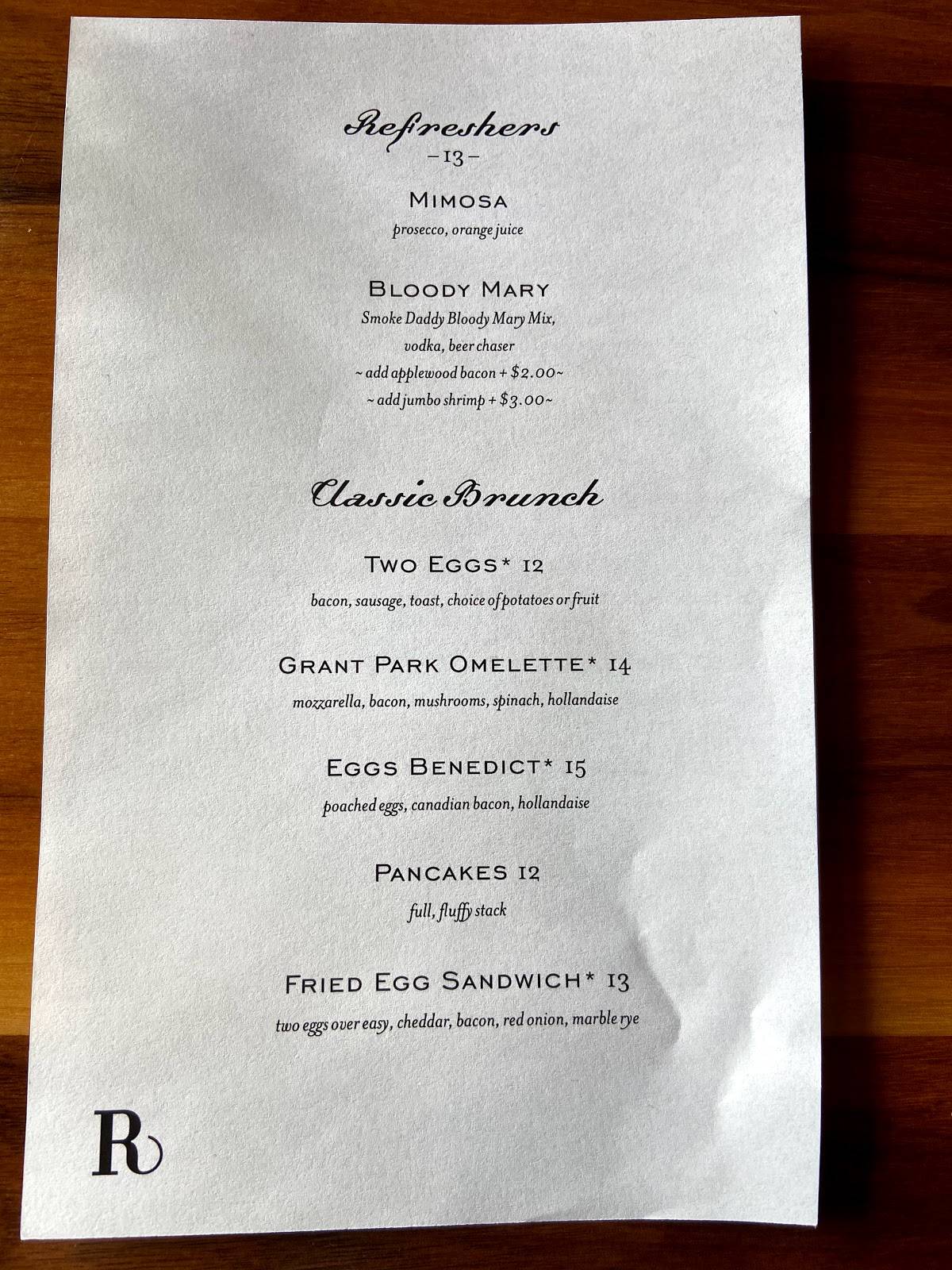 Menu at Remington's steakhouse, Chicago