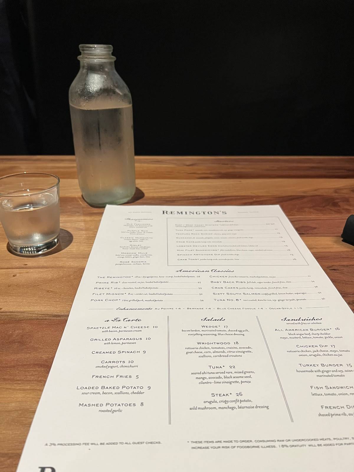Menu at Remington's steakhouse, Chicago