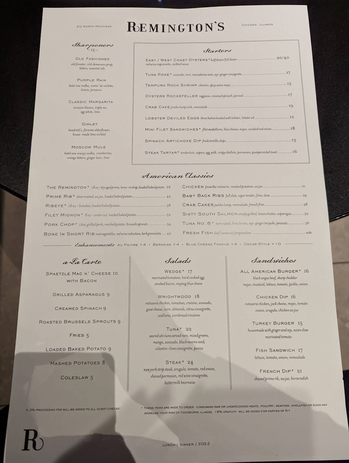 Menu at Remington's steakhouse, Chicago