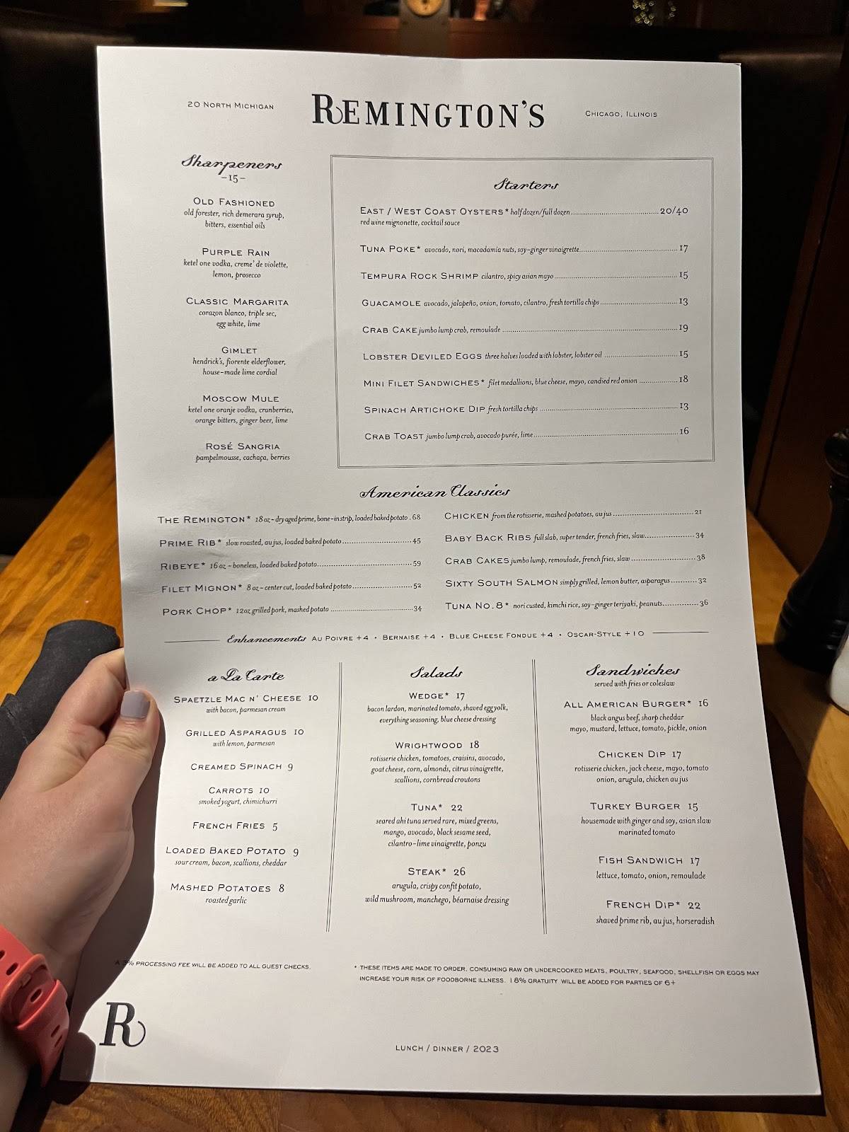 Menu at Remington's steakhouse, Chicago