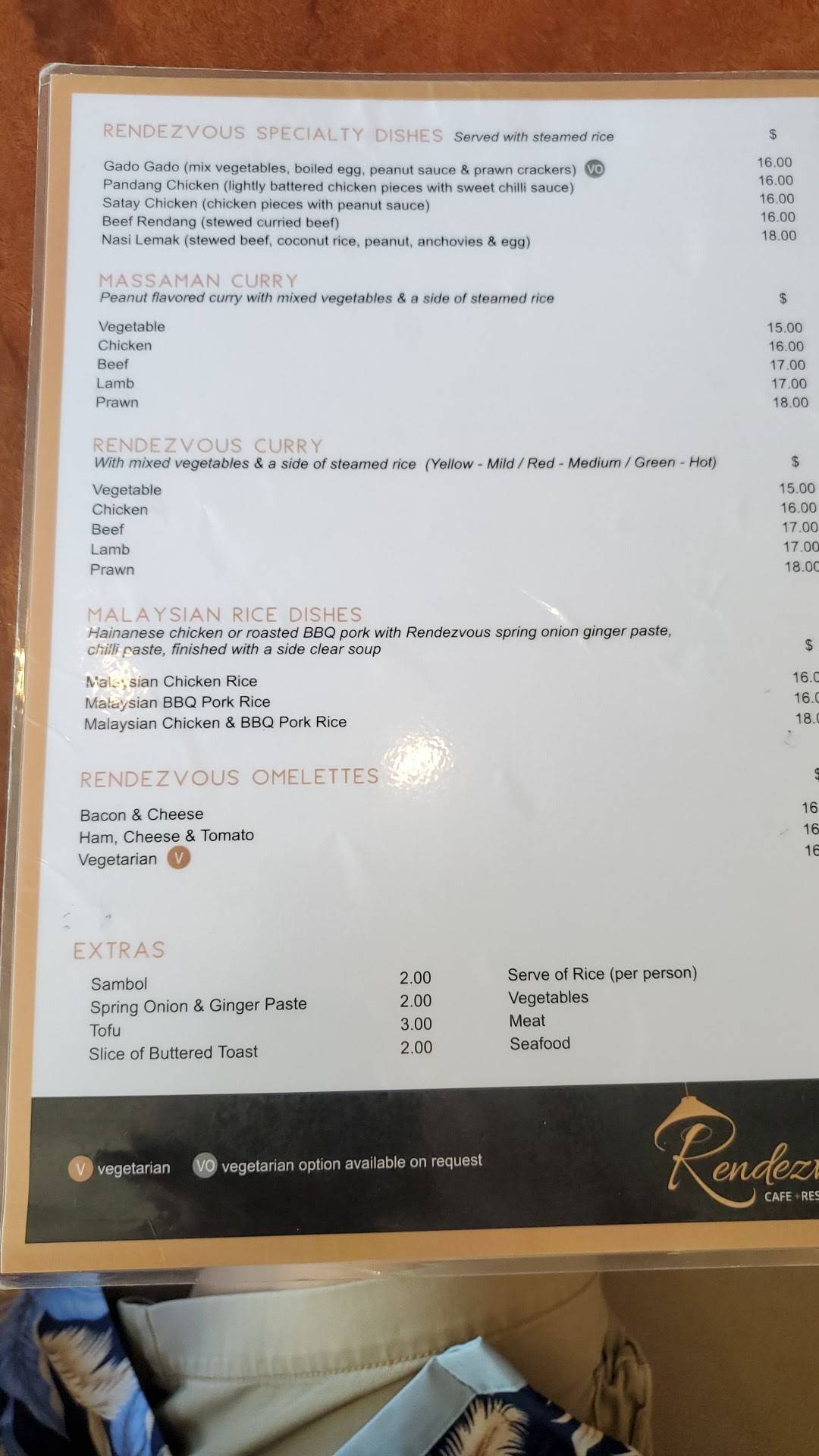 Menu at Rendezvous Cafe, Darwin City