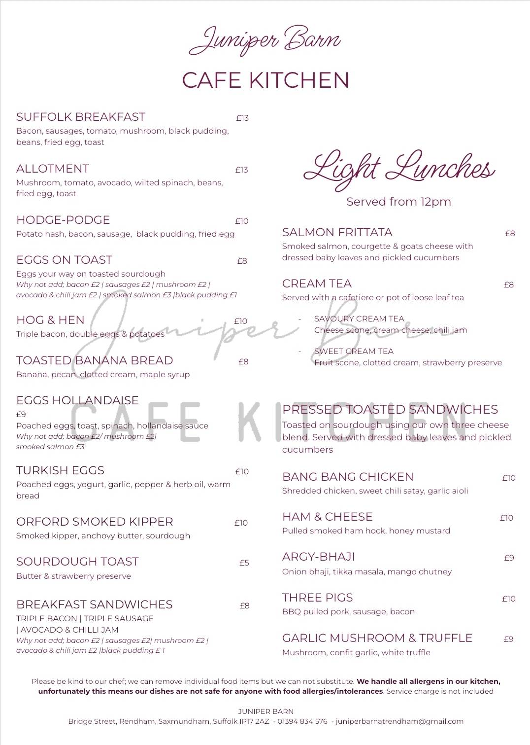 Menu at Juniper Barn, Rendham, Bridge St