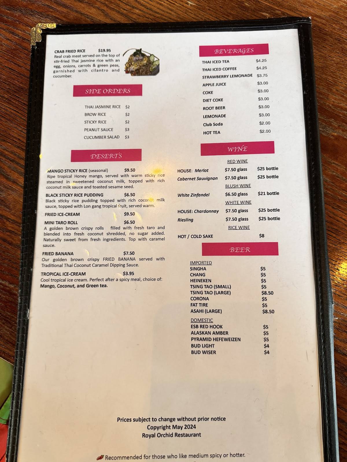 Menu at Royal Orchid Restaurant, Renton
