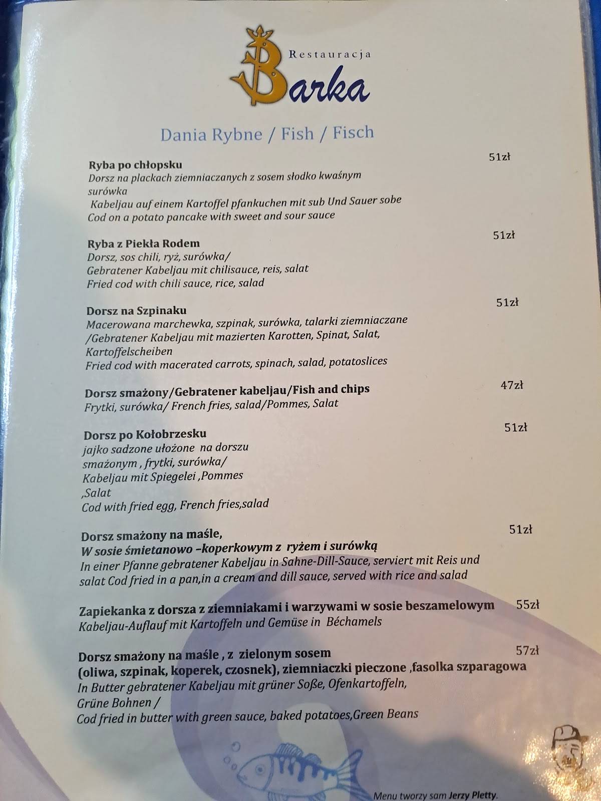 Menu at Restauracja Barka, Kolobrzeg