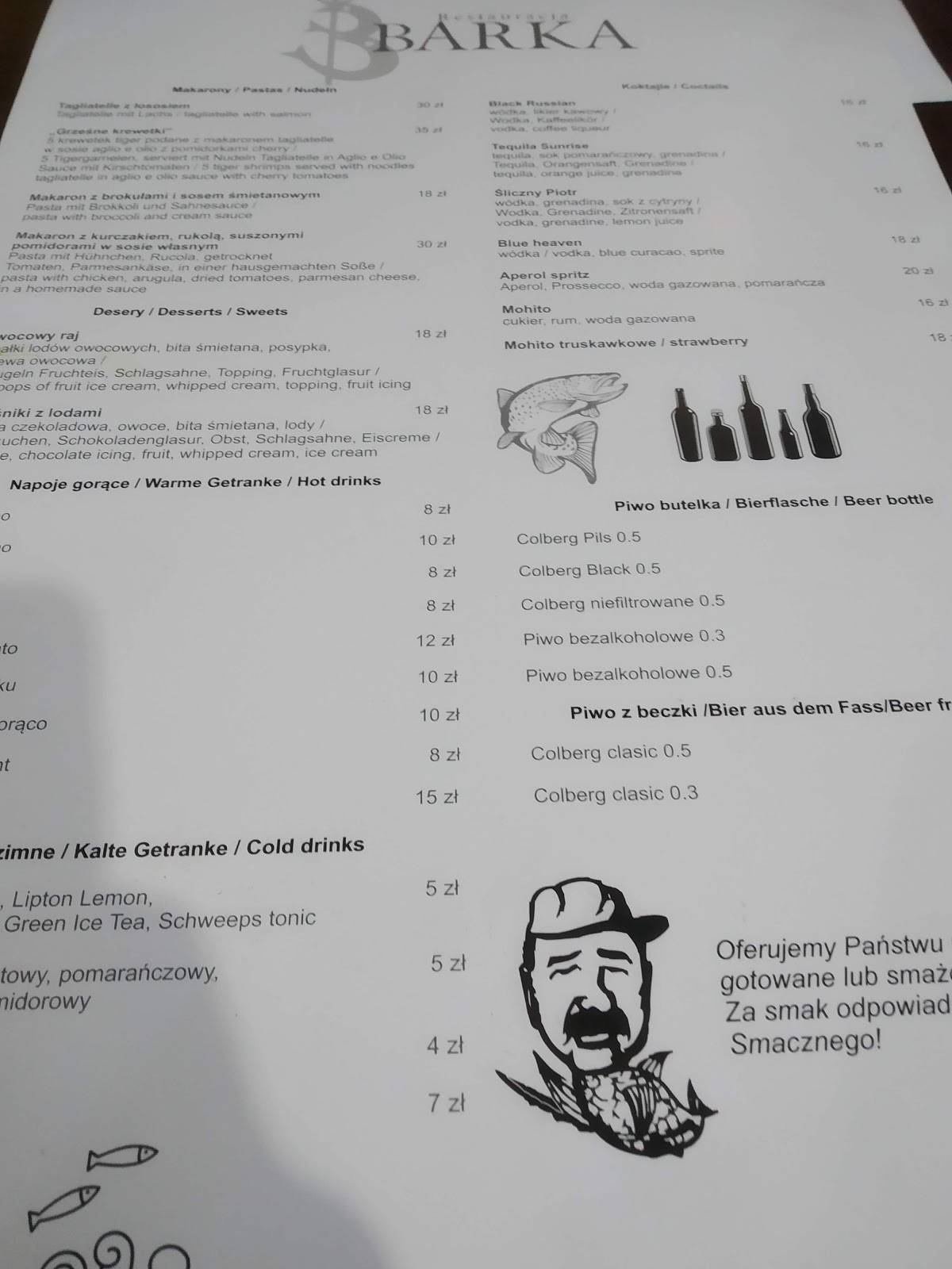 Menu at Restauracja Barka, Kolobrzeg
