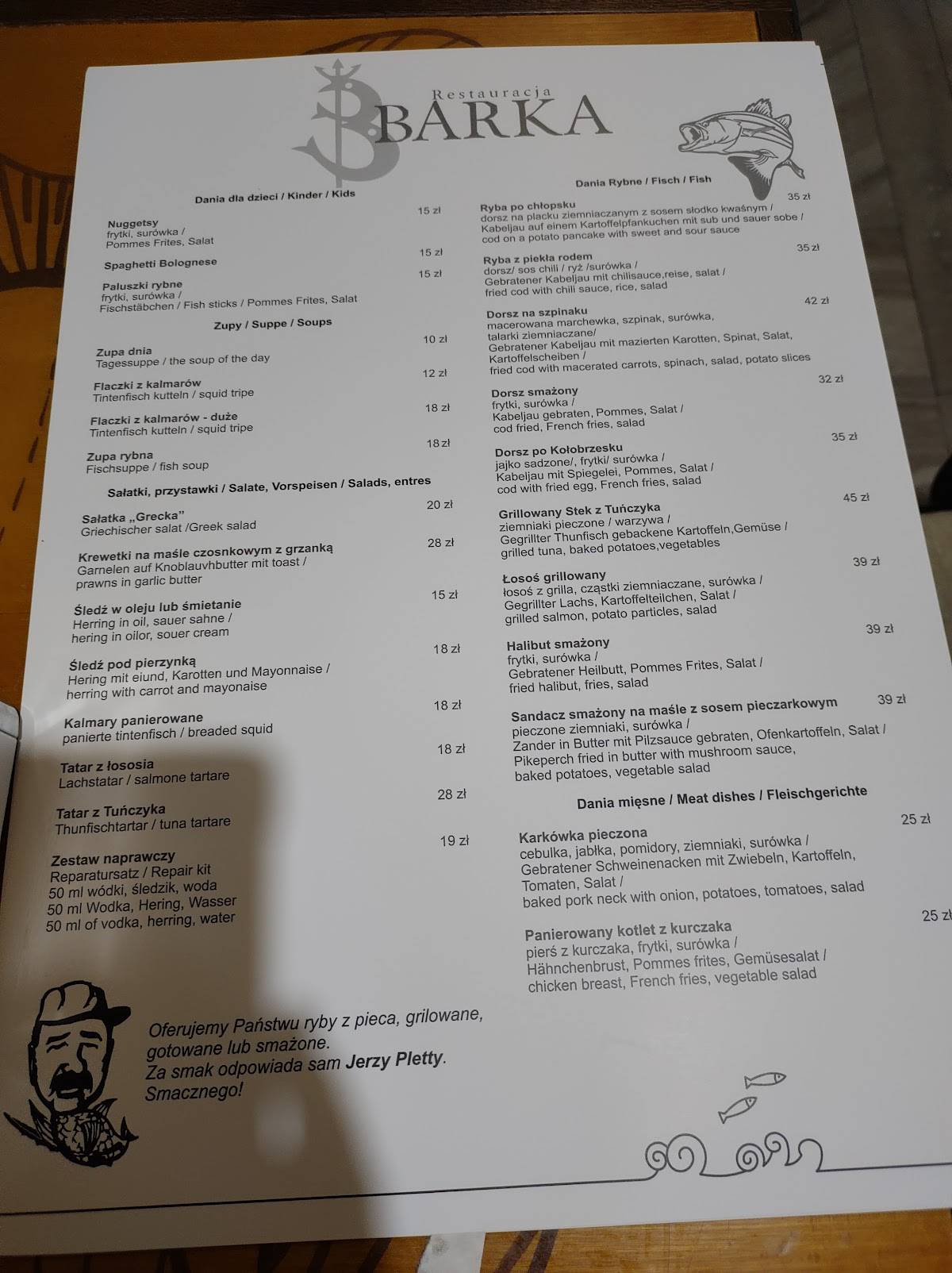 Menu at Restauracja Barka, Kolobrzeg