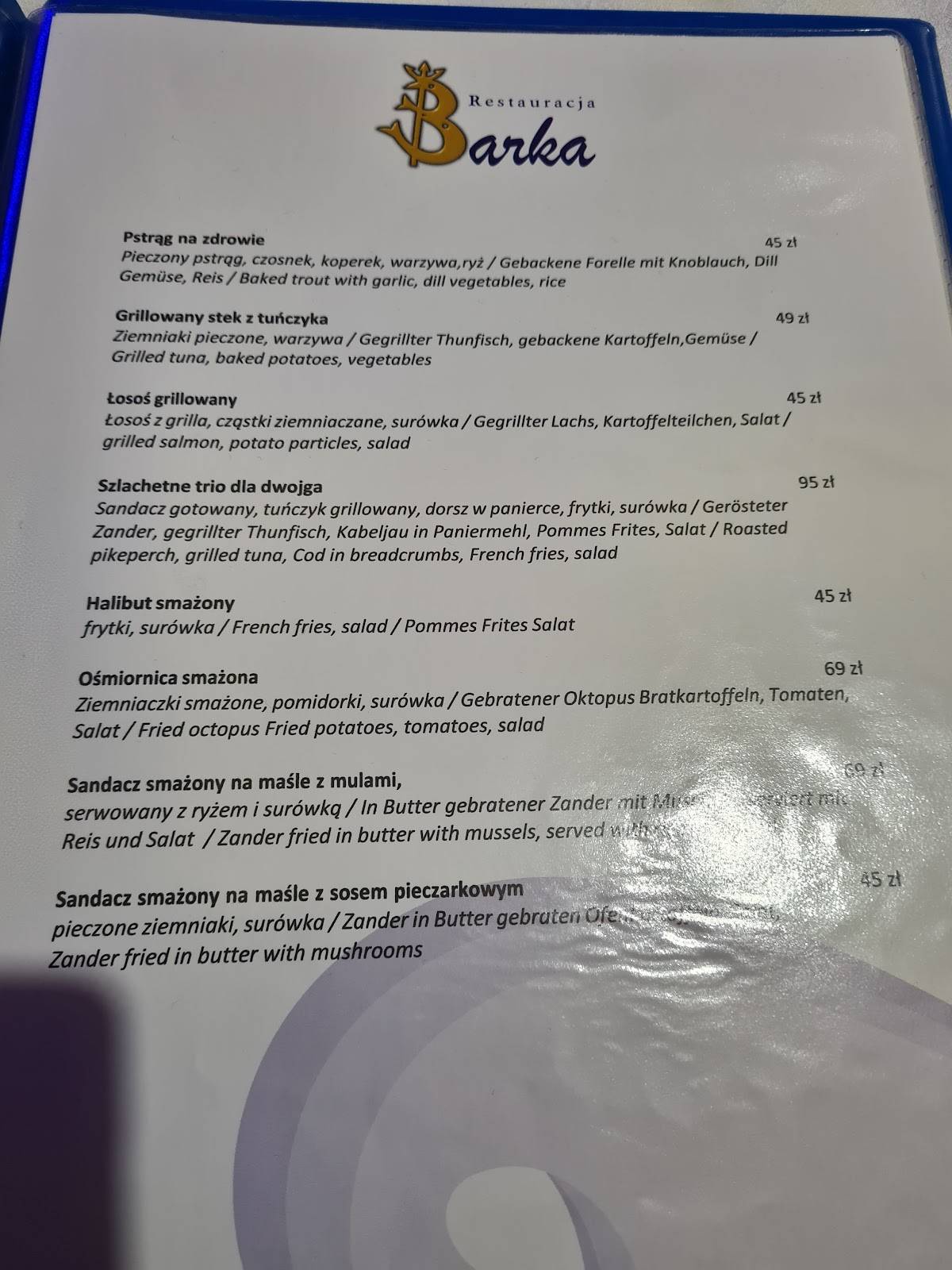 Menu at Restauracja Barka, Kolobrzeg